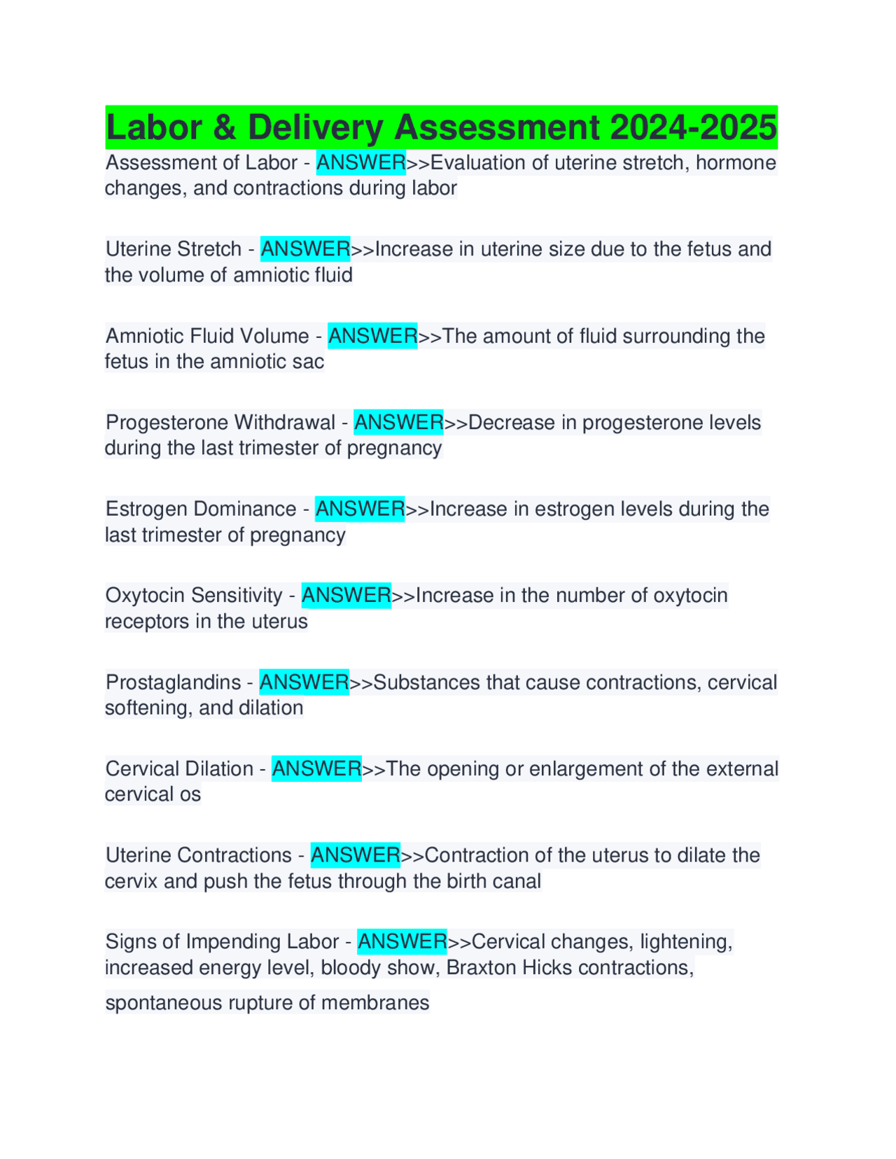 Labor & Delivery Assessment 2024-2025 | Exams Obstetrics | Docsity