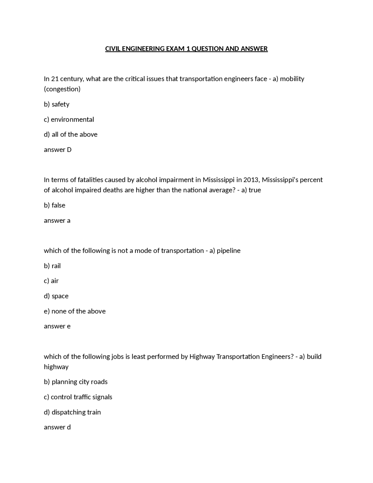 Civil Engineering Exam 1: Questions and Answers | Exams Advanced ...