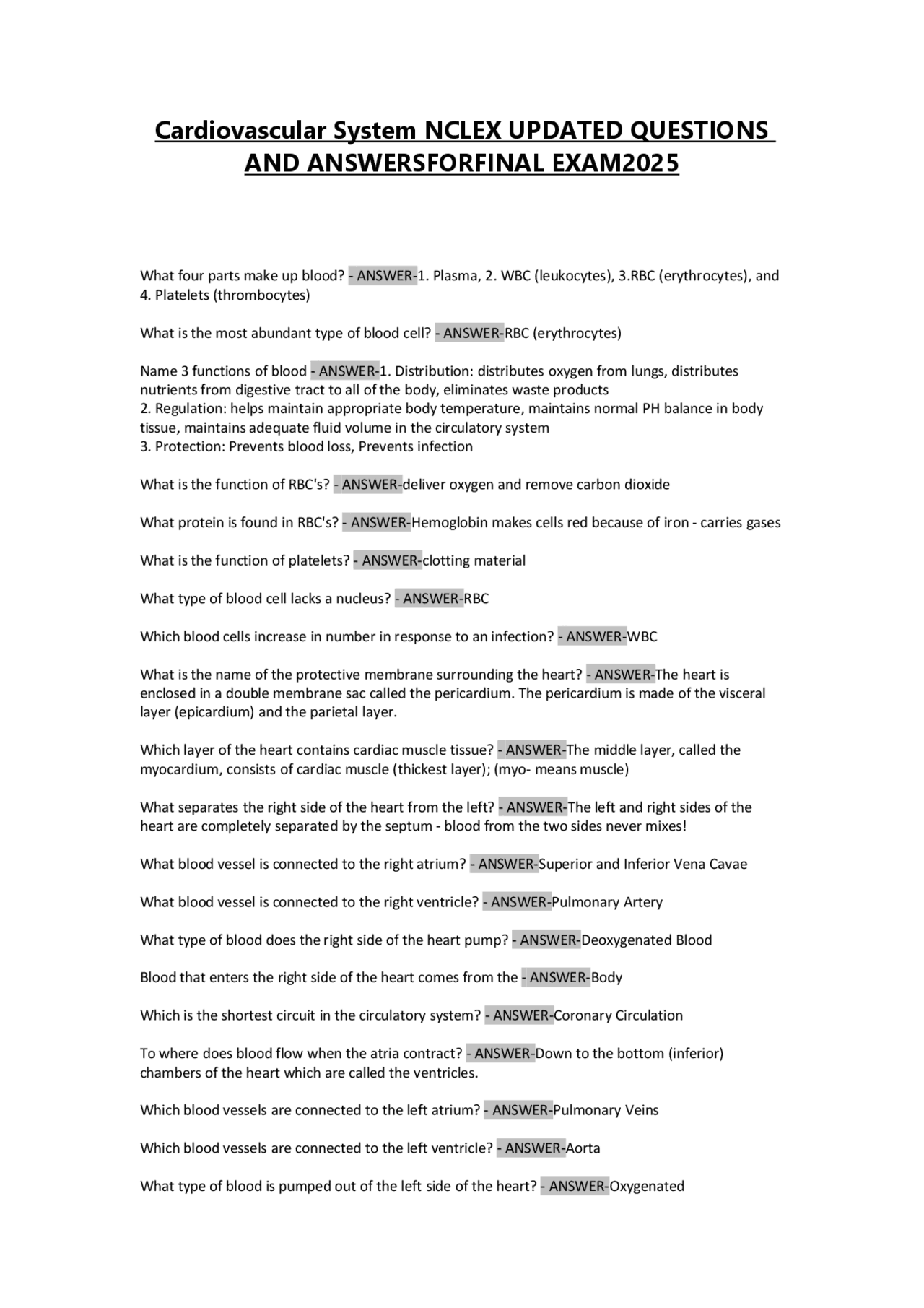 Cardiovascular System NCLEX Questions and Answers for Final Exam 2025 ...