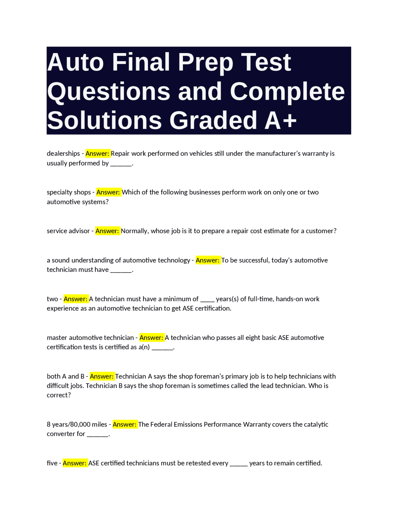 Auto Final Prep Test Questions and Complete Solutions Graded A+ | Exams ...