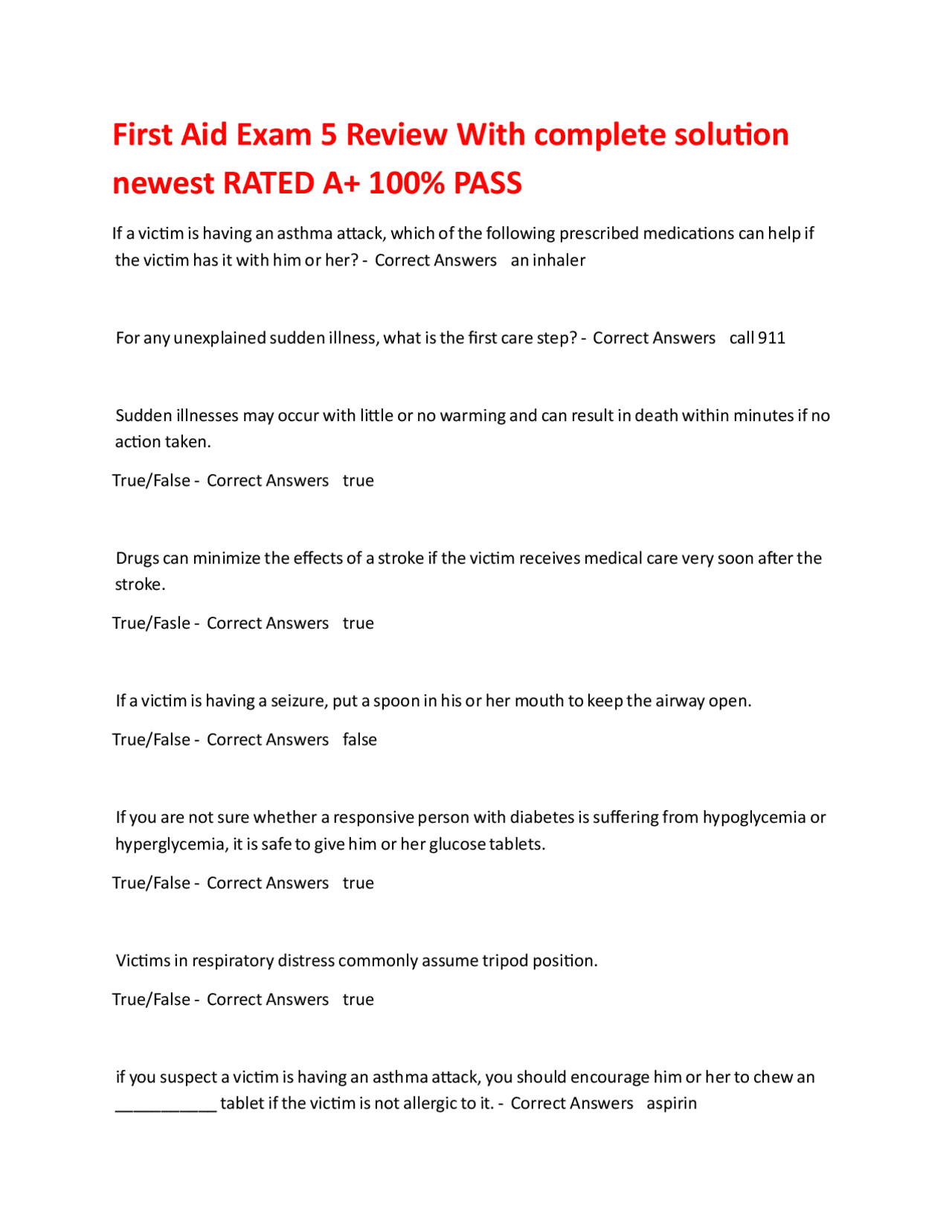 First Aid Exam 5 Review With complete solution newest RATED A+ 100% ...