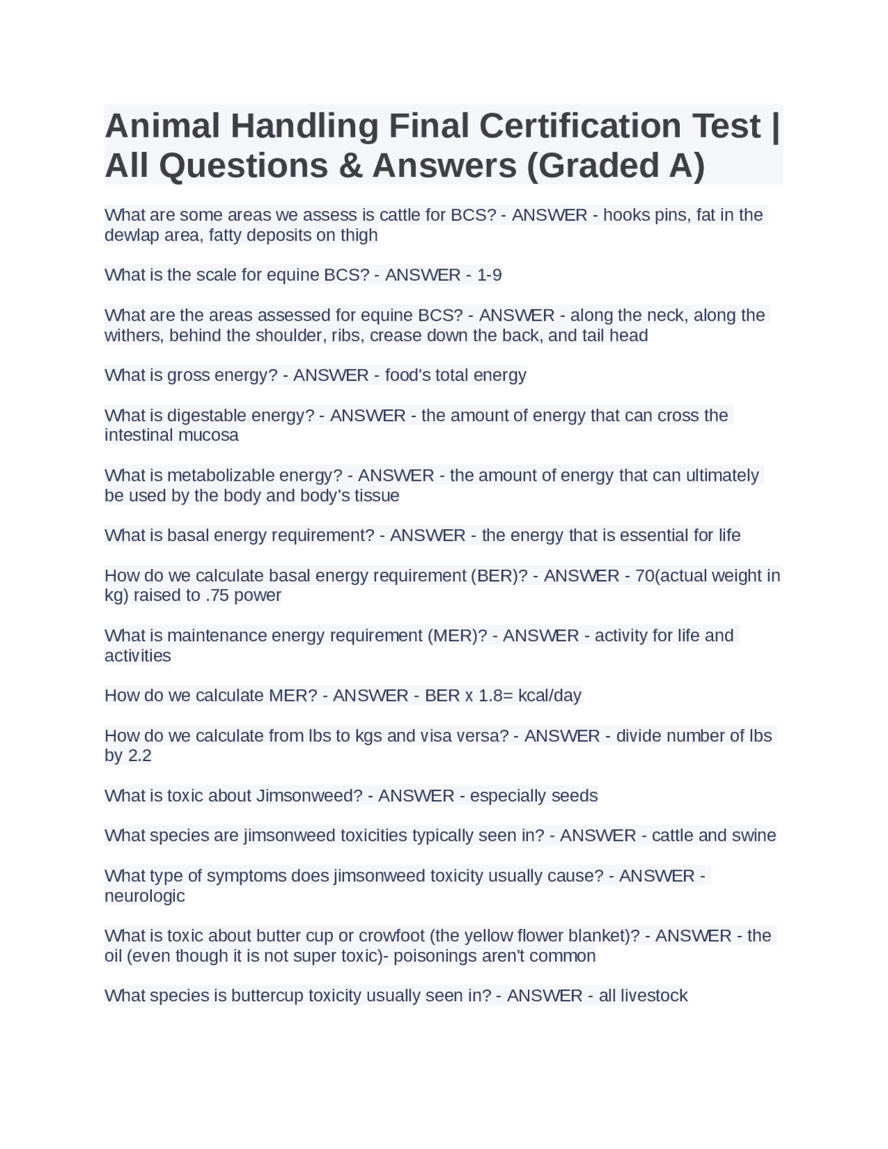 Animal Handling Final Certification Test | All Questions & Answers ...