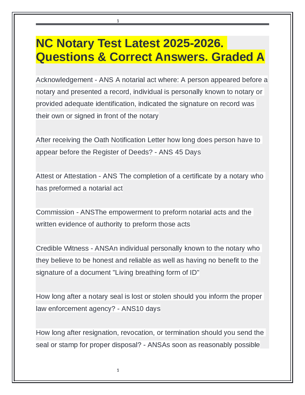 NC Notary Test Latest 2025-2026. Questions & Correct Answers. Graded A ...
