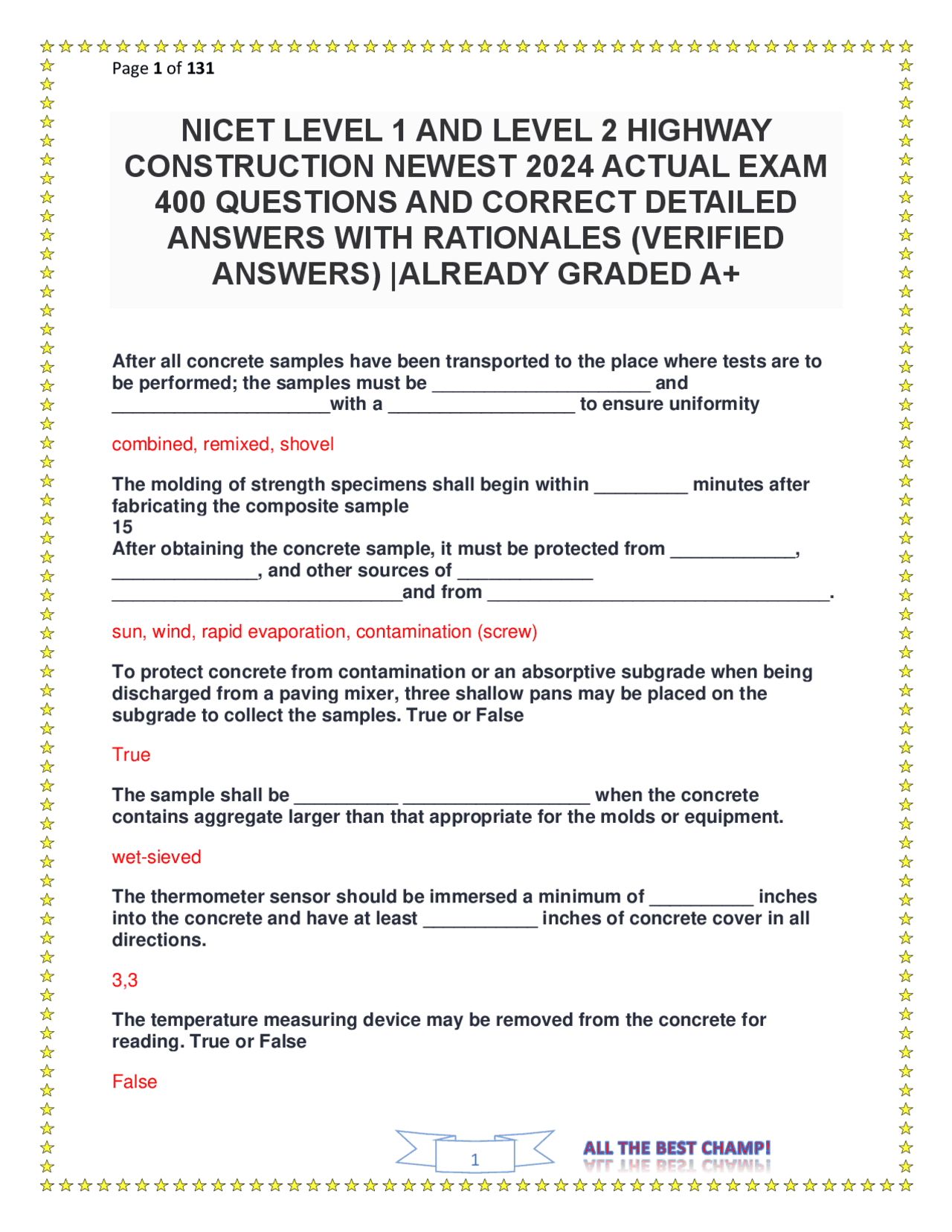 NICET LEVEL 1 AND LEVEL 2 HIGHWAY CONSTRUCTION NEWEST 2024 ACTUAL EXAM ...