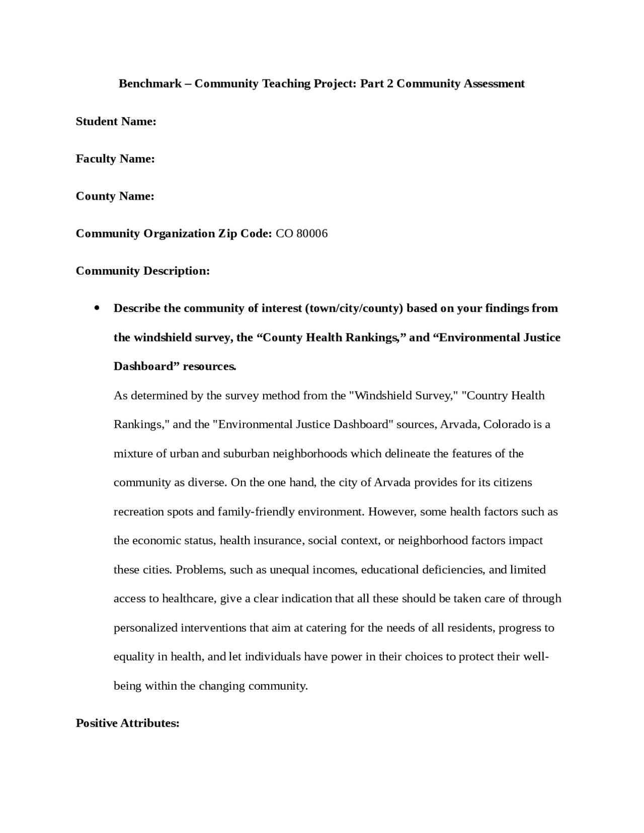 Benchmark – Community Teaching Project Part 2 Community Assessment ...