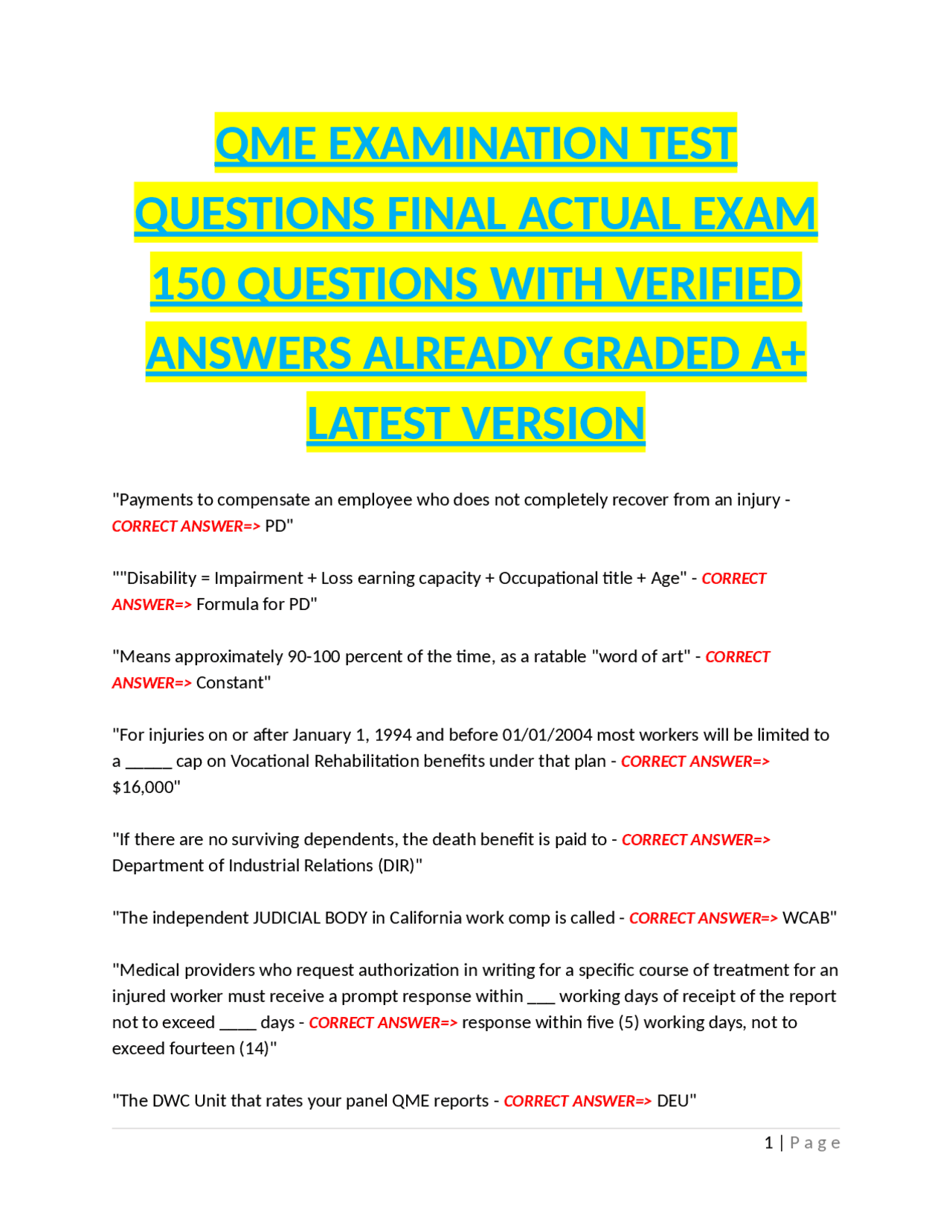 QME EXAMINATION TEST QUESTIONS FINAL ACTUAL EXAM 150 QUESTIONS WITH ...