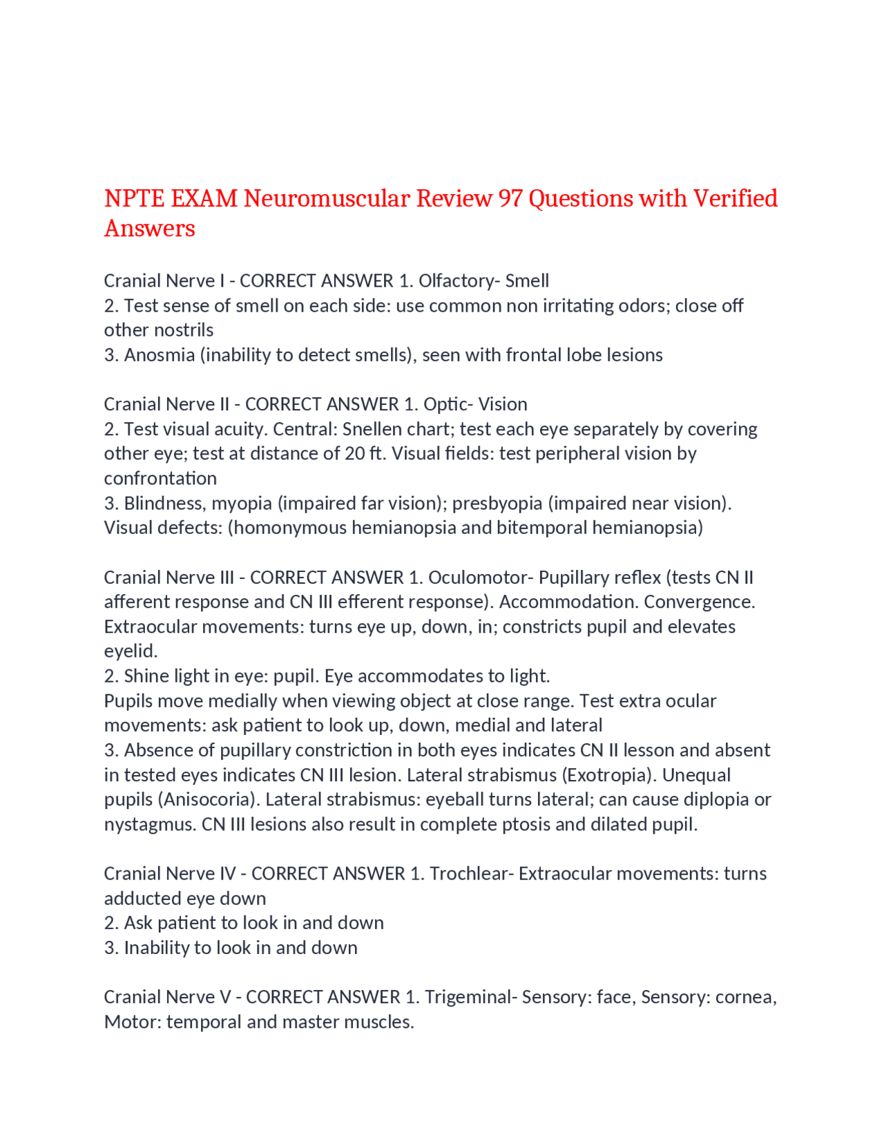 NPTE EXAM Neuromuscular Review 97 Questions with Verified Answers,100% ...