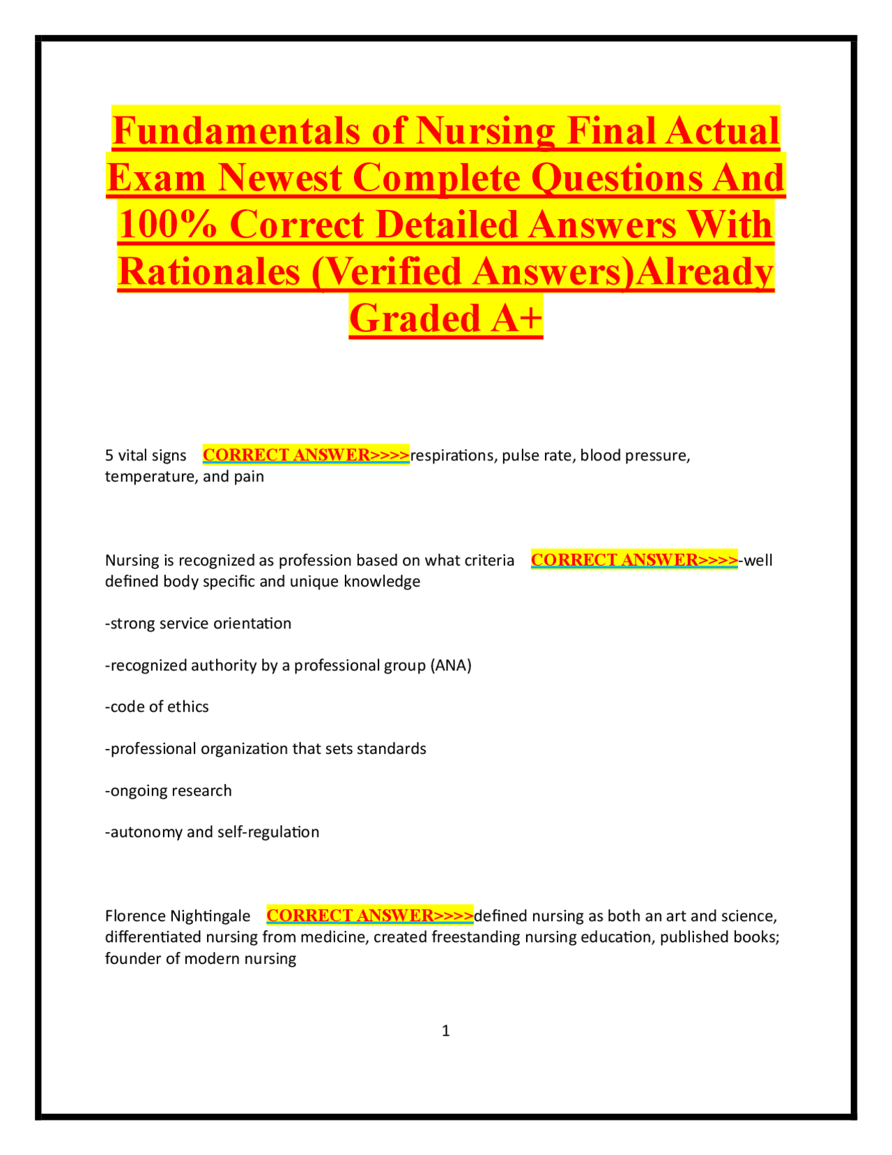 Fundamentals of Nursing Final Actual Exam Newest Complete Questions And ...