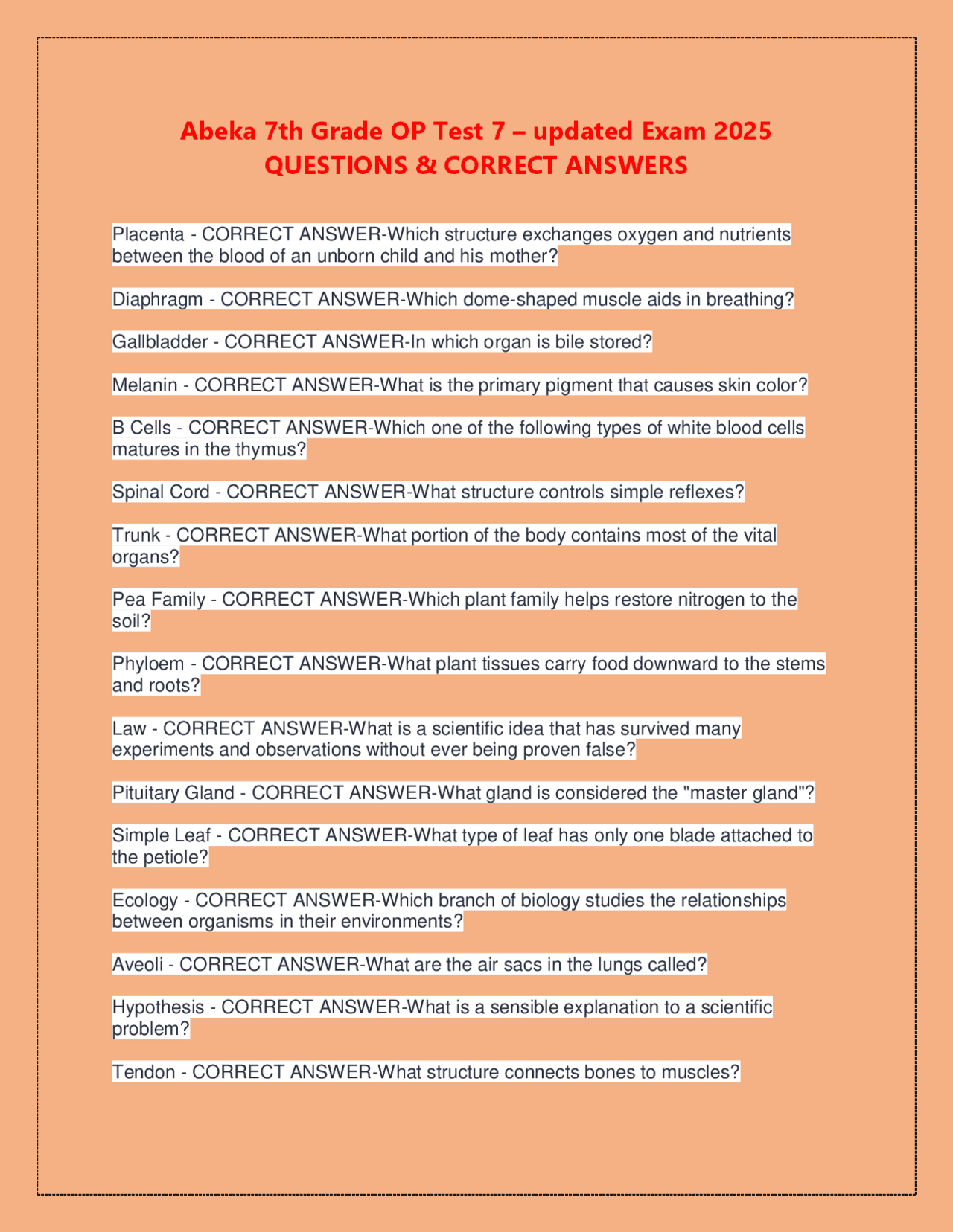 Abeka 7th Grade OP Test 7 - Updated Exam 2025: Questions & Correct ...
