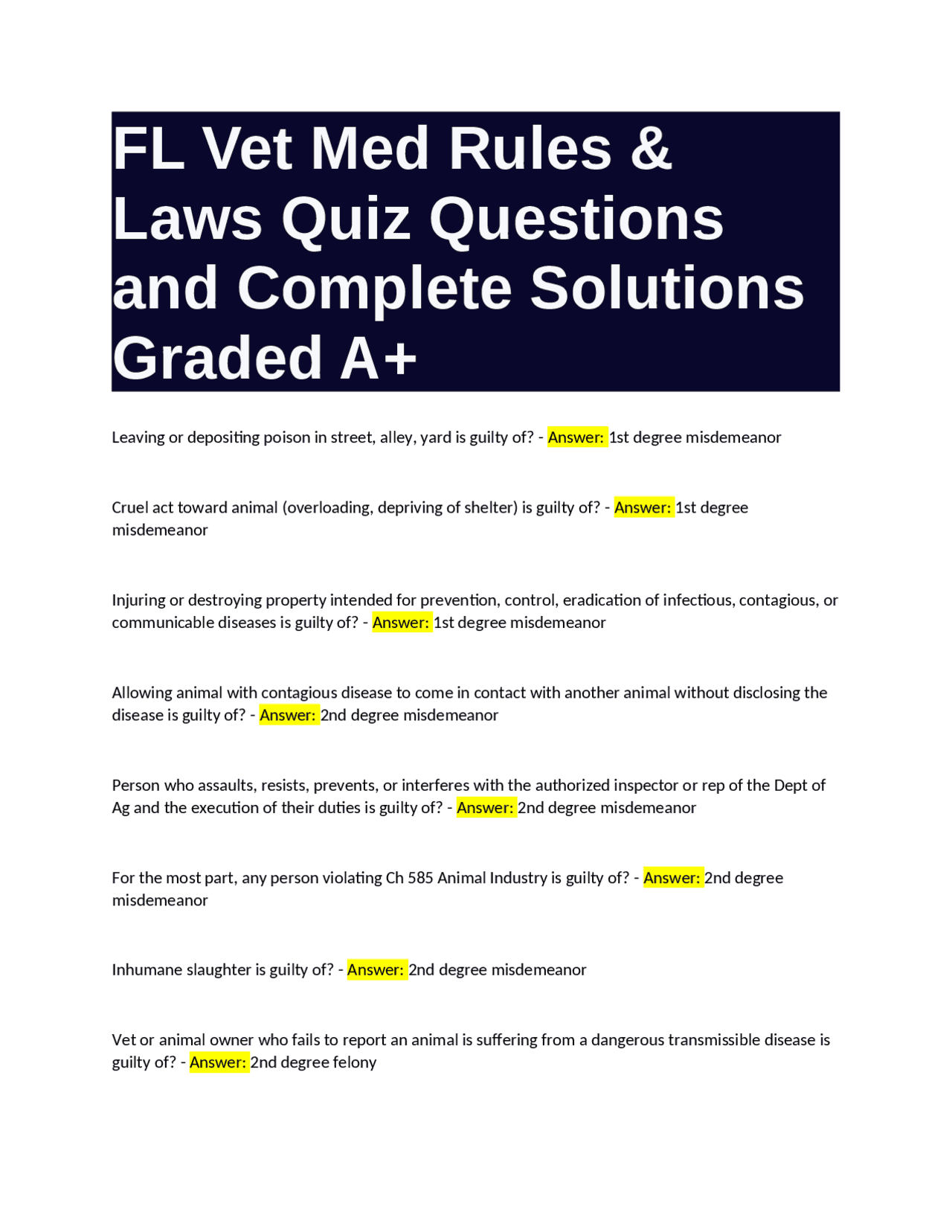 Florida Veterinary Medicine Rules & Laws Quiz Questions and Answers ...