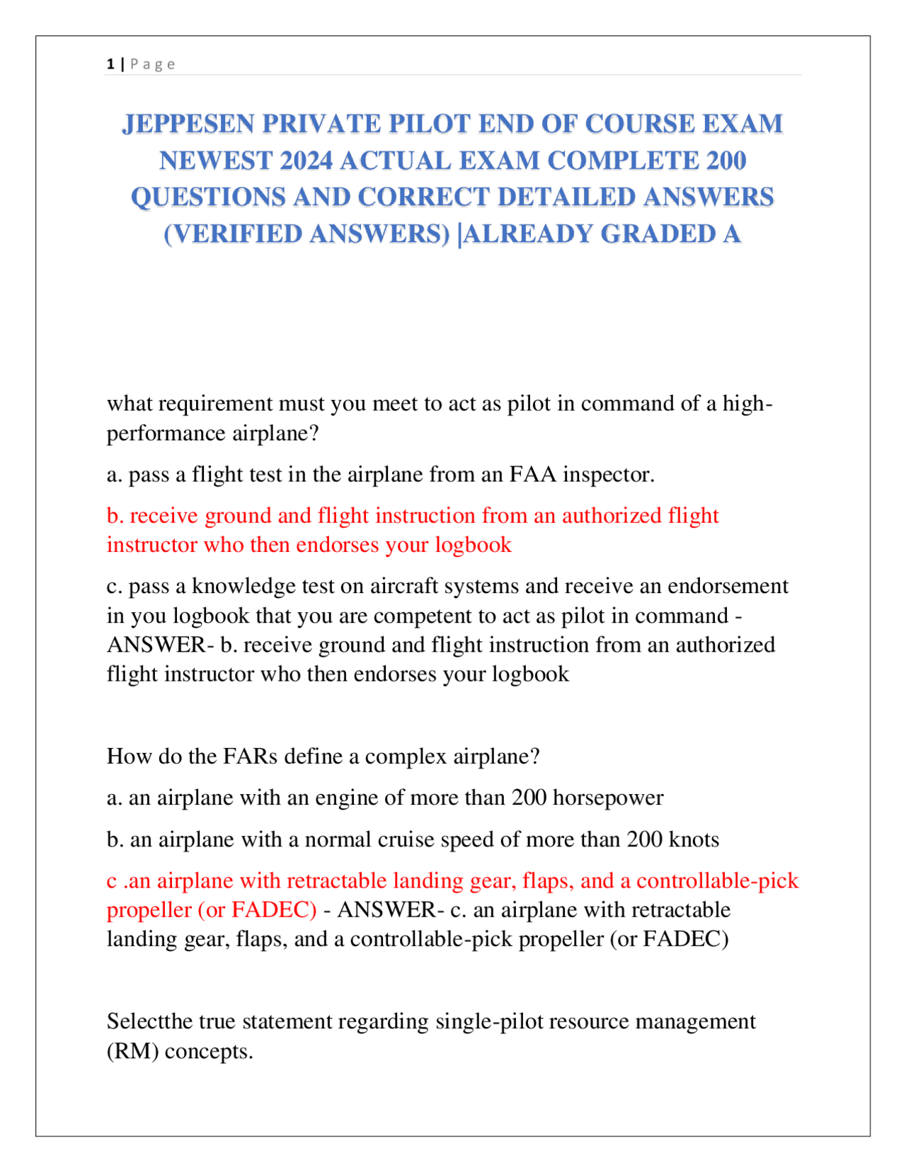 JEPPESEN PRIVATE PILOT END OF COURSE EXAM NEWEST 2024 ACTUAL EXAM COMPLETE 200 QUESTIONS | Exams ...