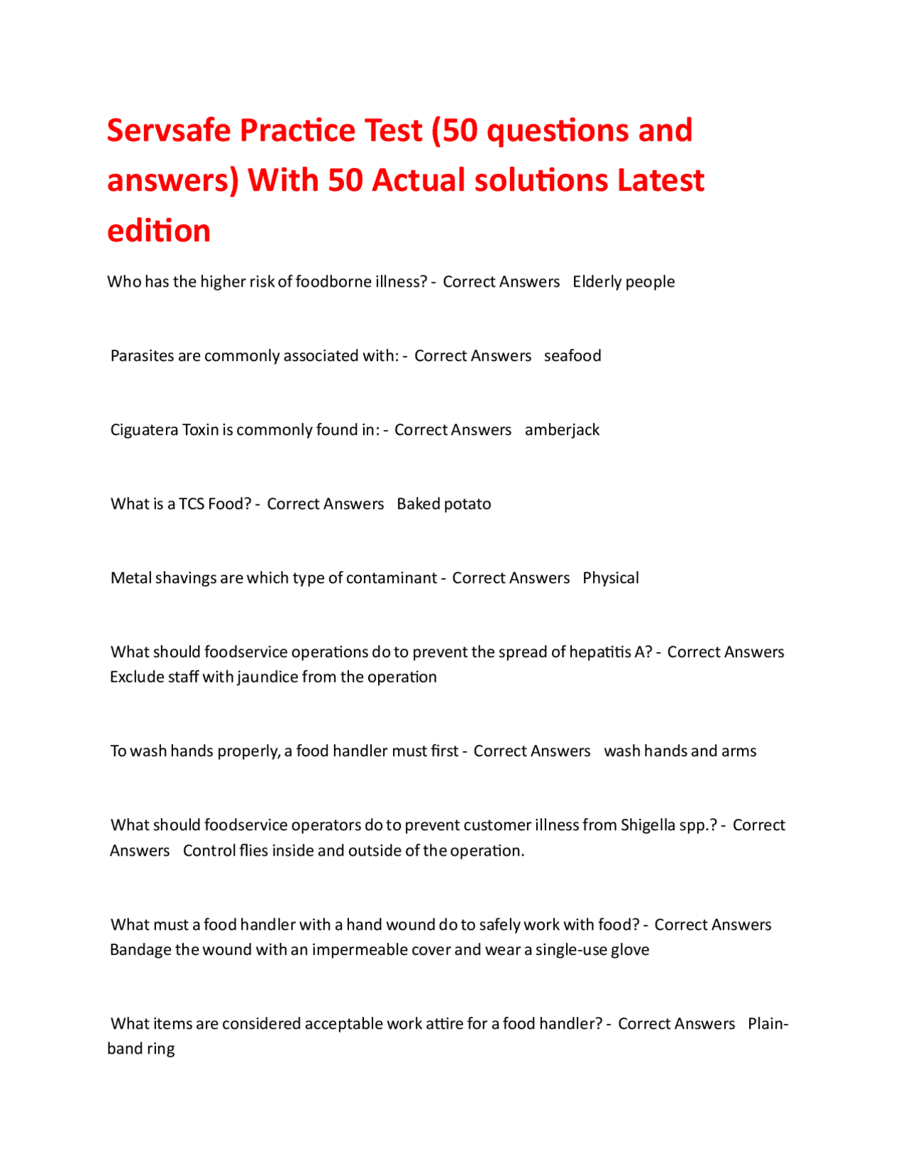 Servsafe Practice Test (50 questions and answers) With 50 Actual ...
