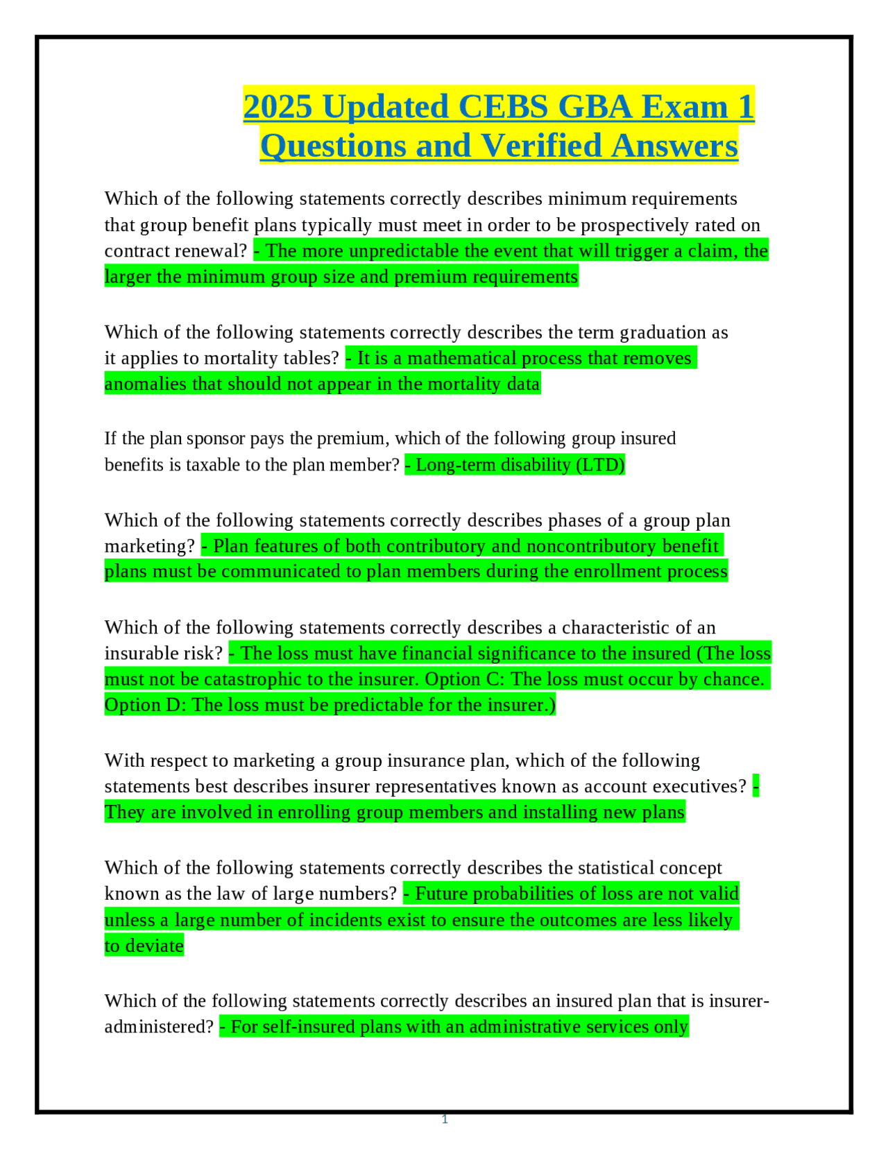 2025 Updated CEBS GBA Exam 1 Questions and Verified Answers | Exams ...