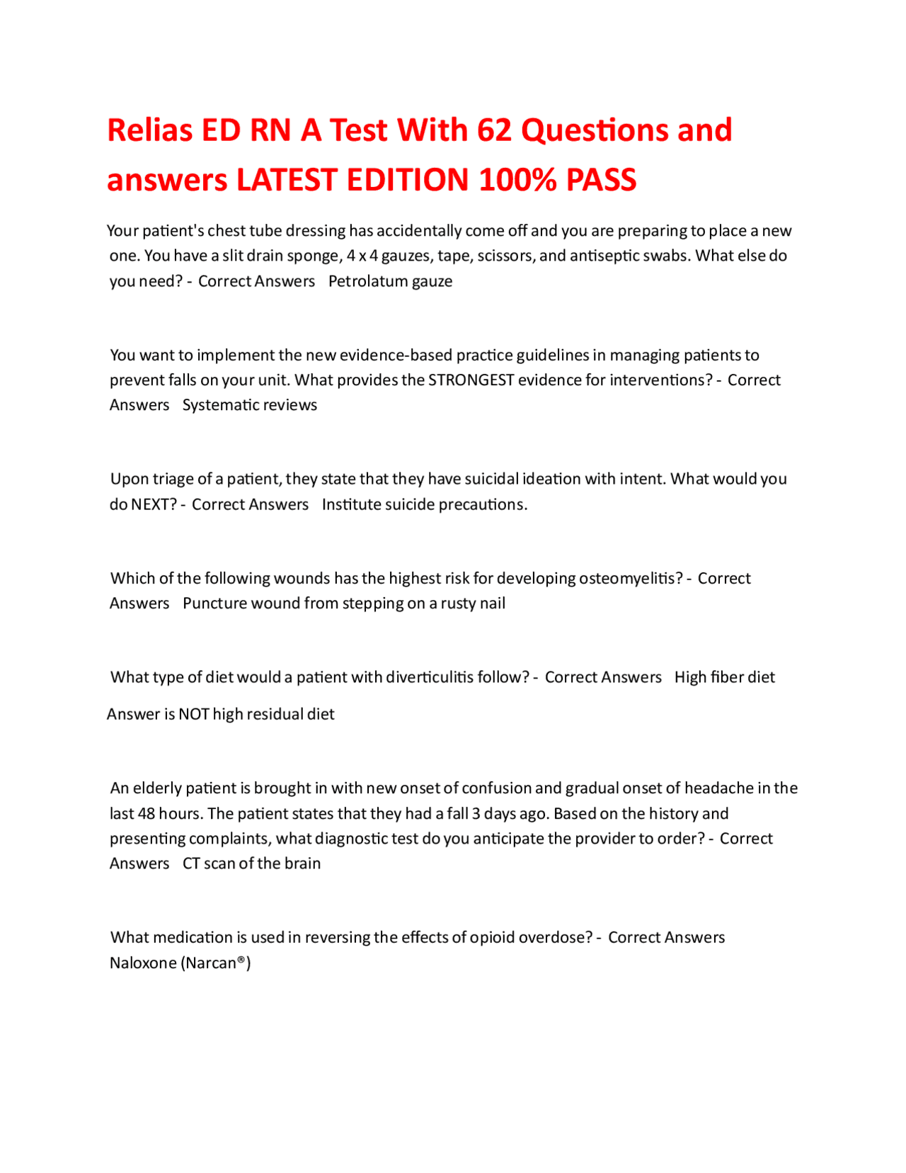 Relias ED RN A Test With 62 Questions and answers LATEST EDITION 100% ...