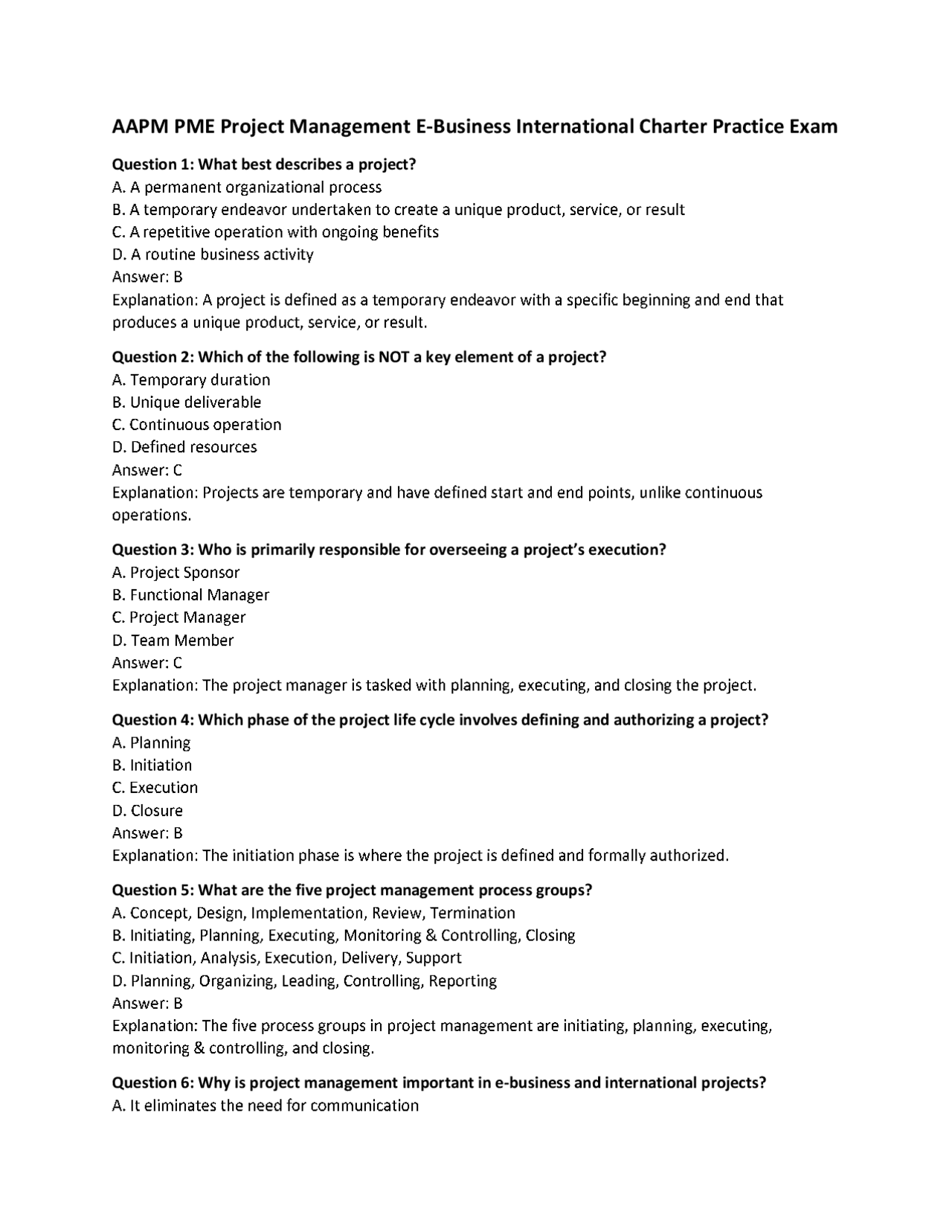 AAPM PME Project Management E-Business International Charter Exam ...