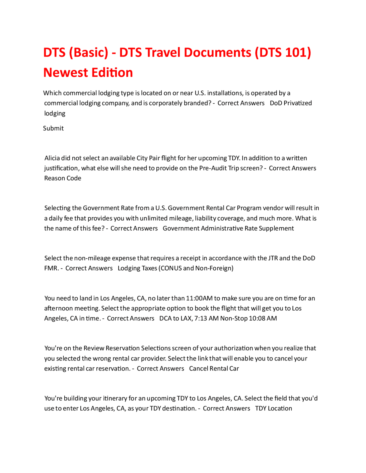 DTS Travel Documents (DTS 101) - Exercises and Questions | Exams Nursing | Docsity