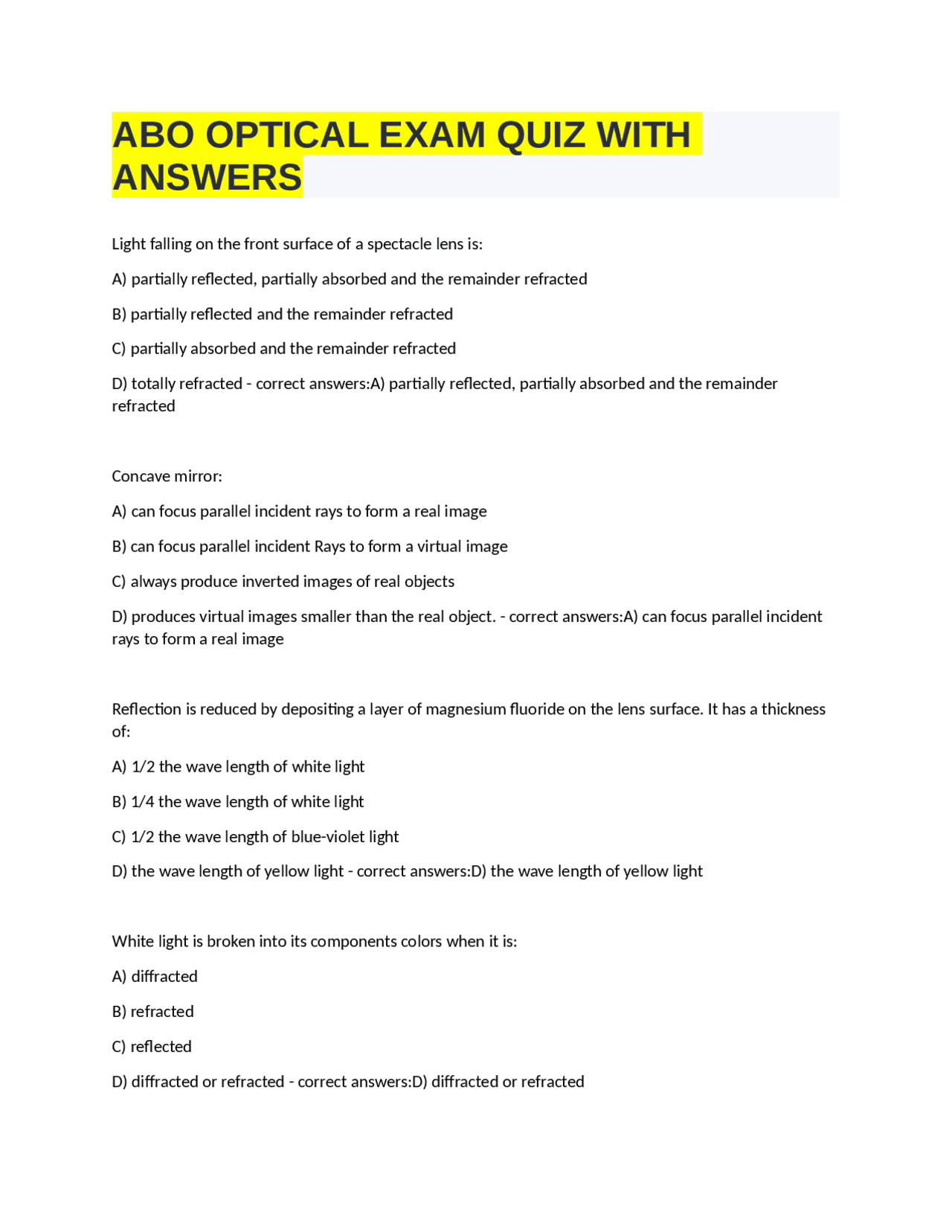 ABO Optical Exam Quiz with Answers: A Comprehensive Guide to Optics ...