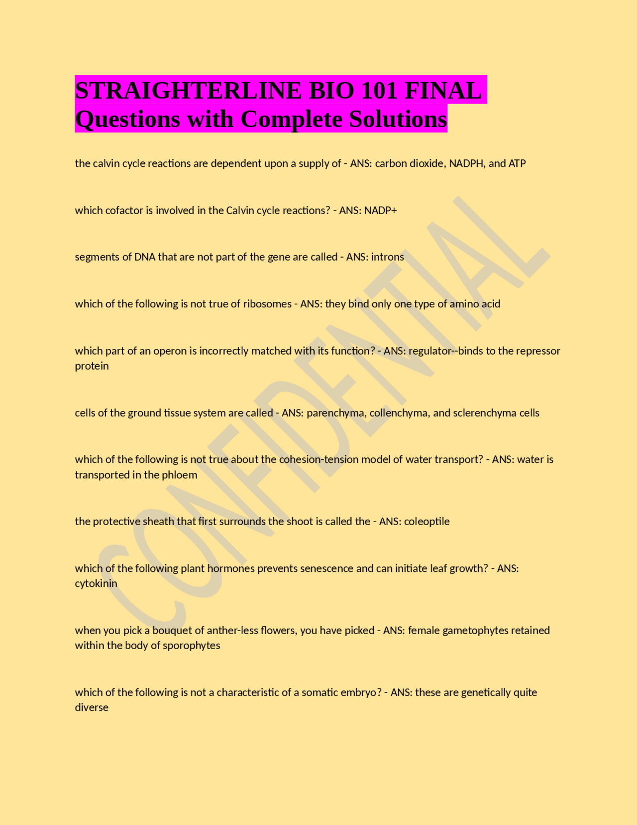 STRAIGHTERLINE BIO 101 FINAL Questions with Complete Solutions | Exams ...