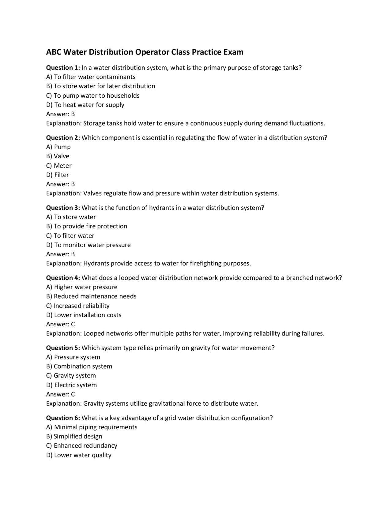 ABC Water Distribution Operator Class Exam | Exams Technology | Docsity