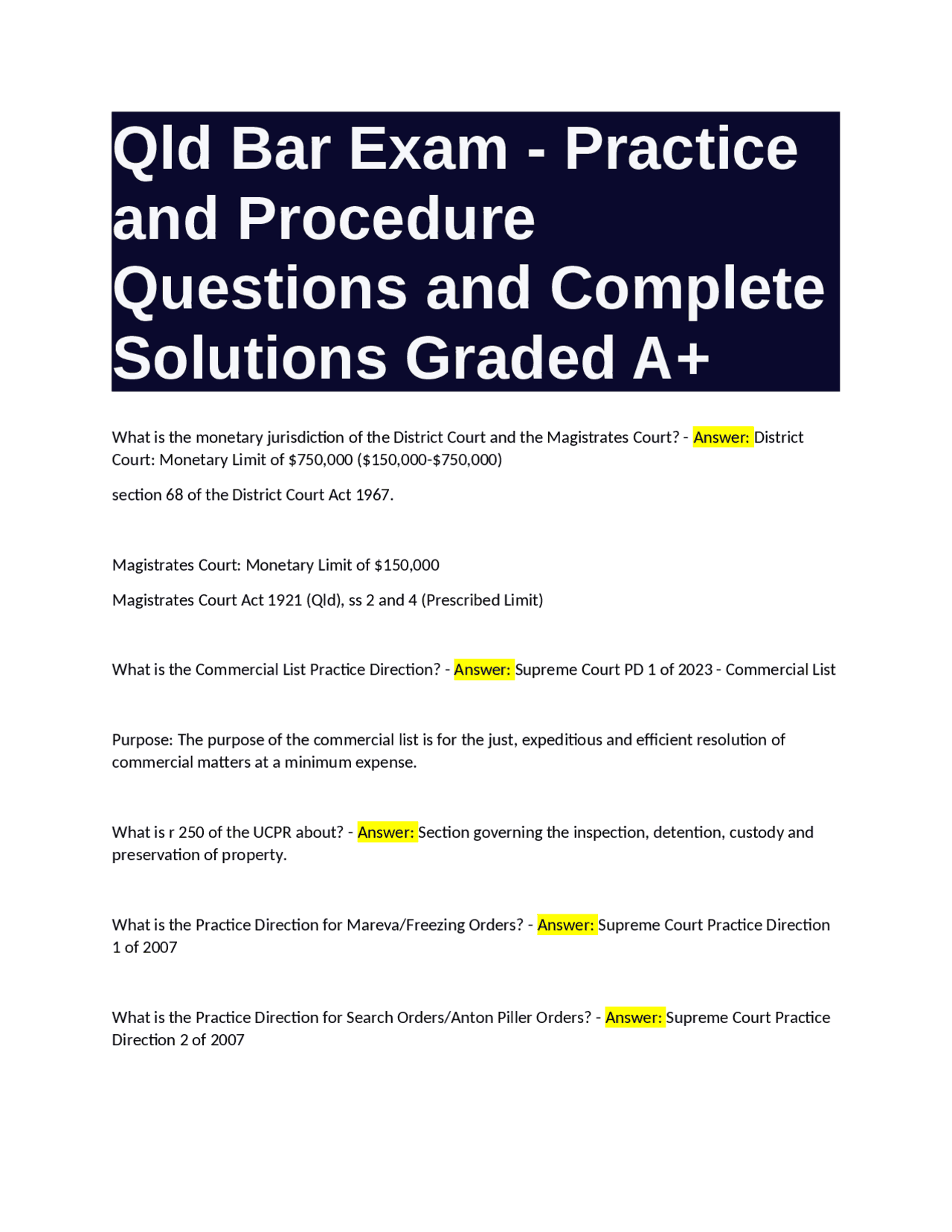 Qld Bar Exam - Practice and Procedure Questions with Complete Solutions ...