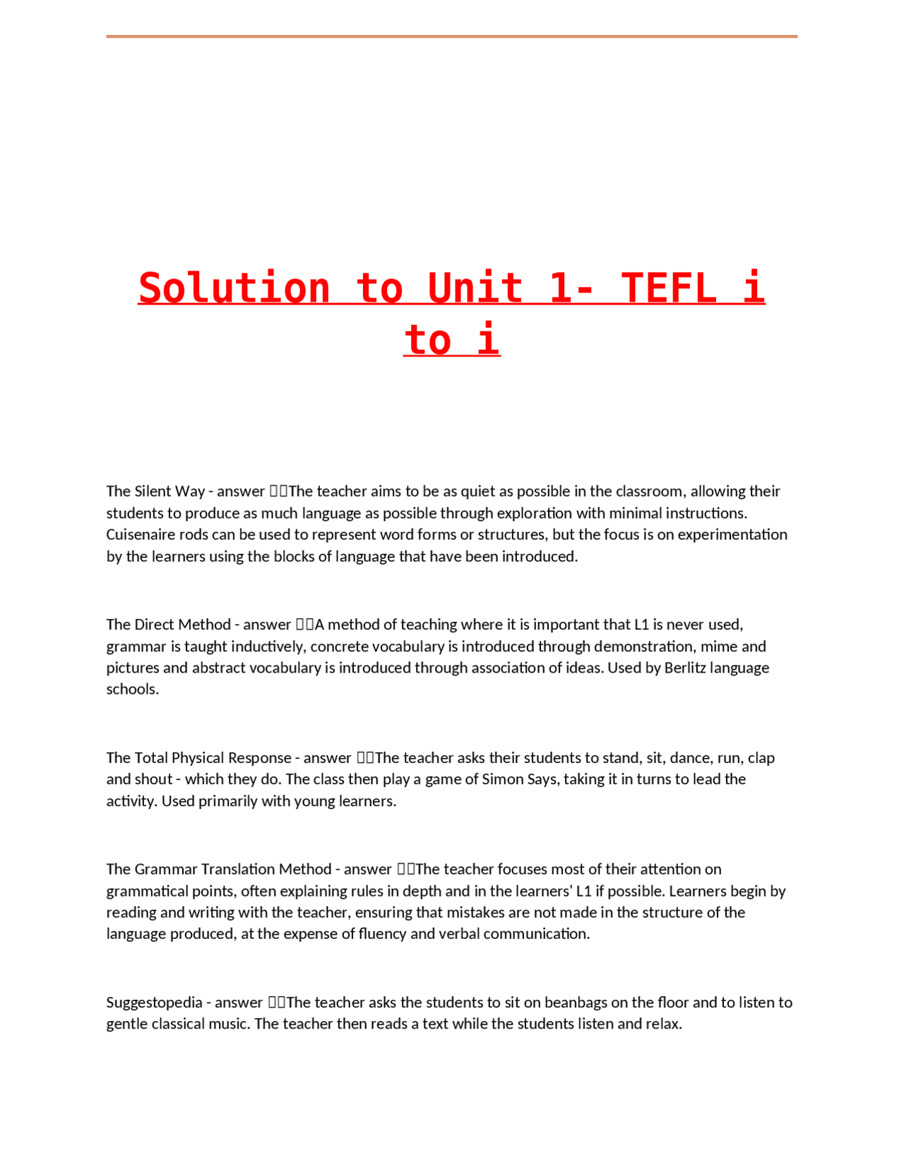 Solution to Unit 1- TEFL i to i.docx | Exams Nursing | Docsity