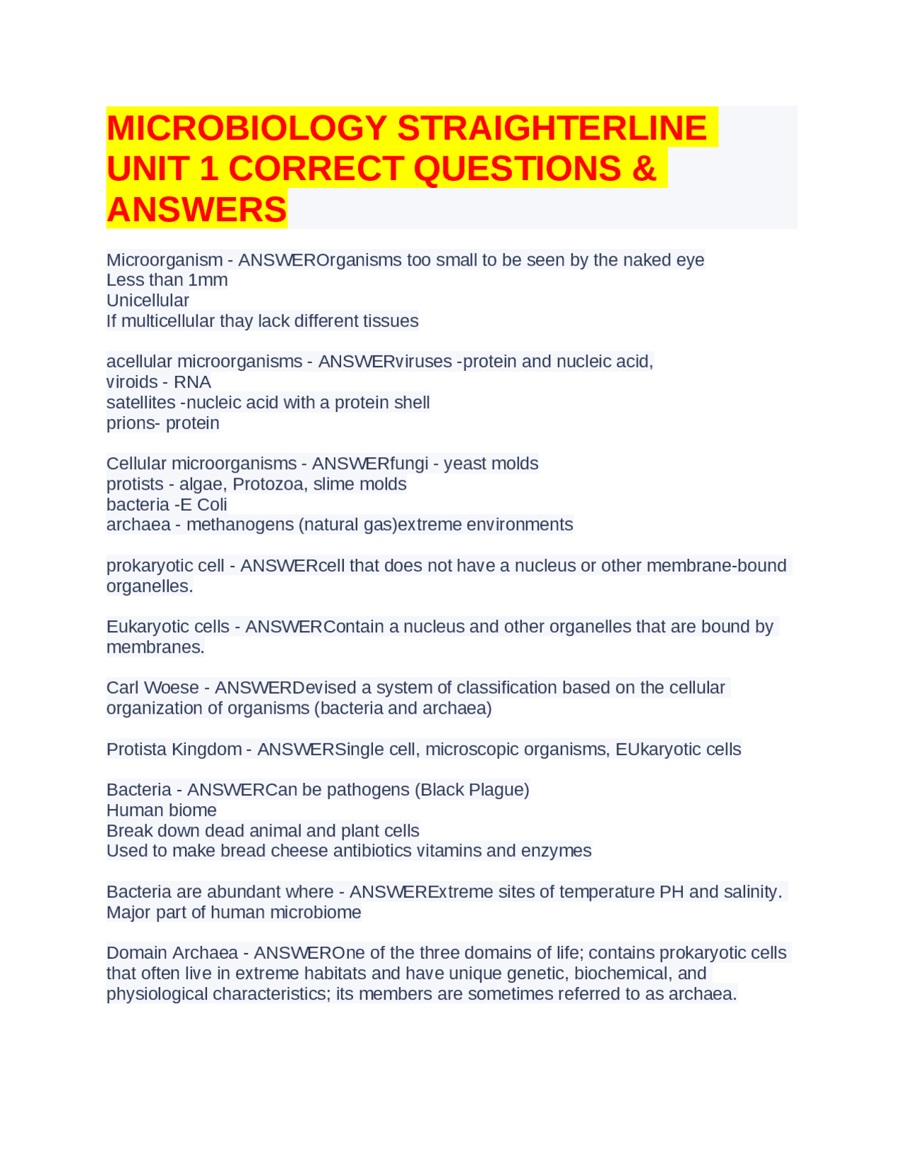 MICROBIOLOGY STRAIGHTERLINE UNIT 1 CORRECT QUESTIONS & ANSWERS | Exams ...