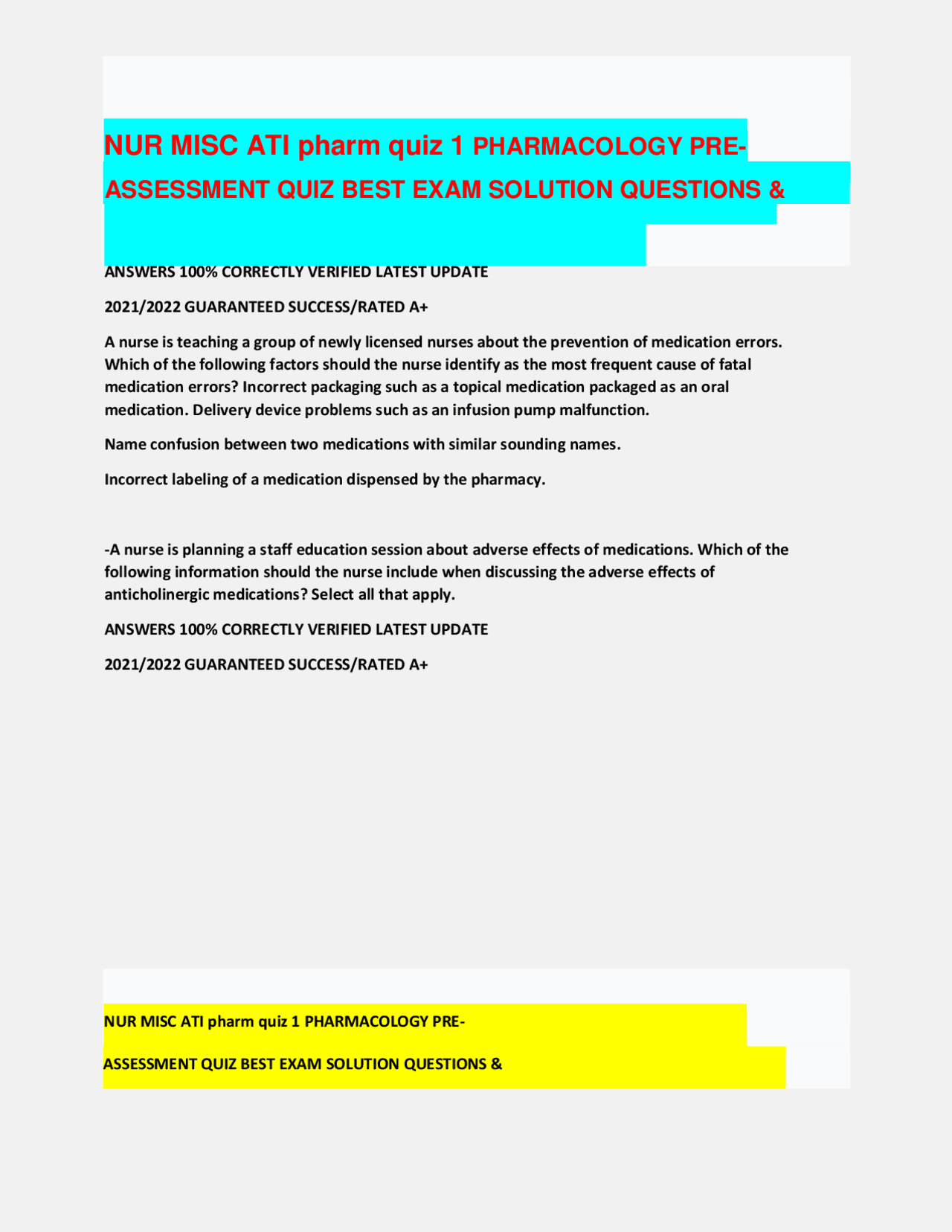 NUR MISC ATI pharm quiz 1 PHARMACOLOGY PRE- ASSESSMENT QUIZ BEST EXAM ...
