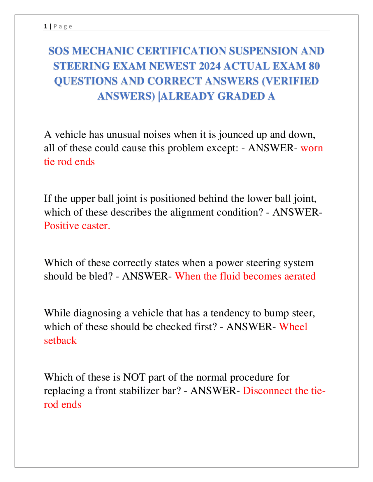 SOS Mechanic Certification Suspension and Steering Exam: 80 Questions ...