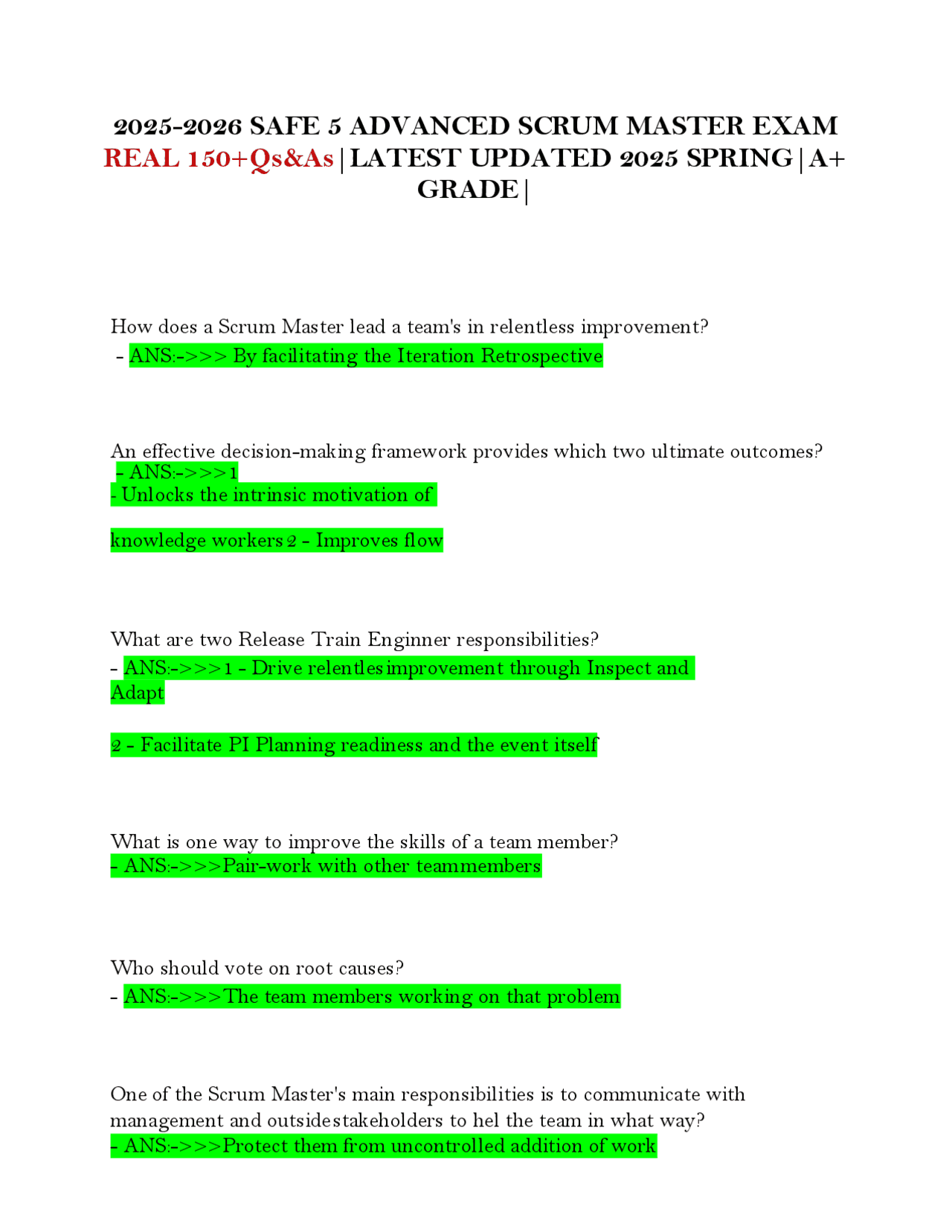 2025 SAFE 5 ADVANCED SCRUM MASTER EXAM REAL 150+Qs&As|LATEST UPDATED ...