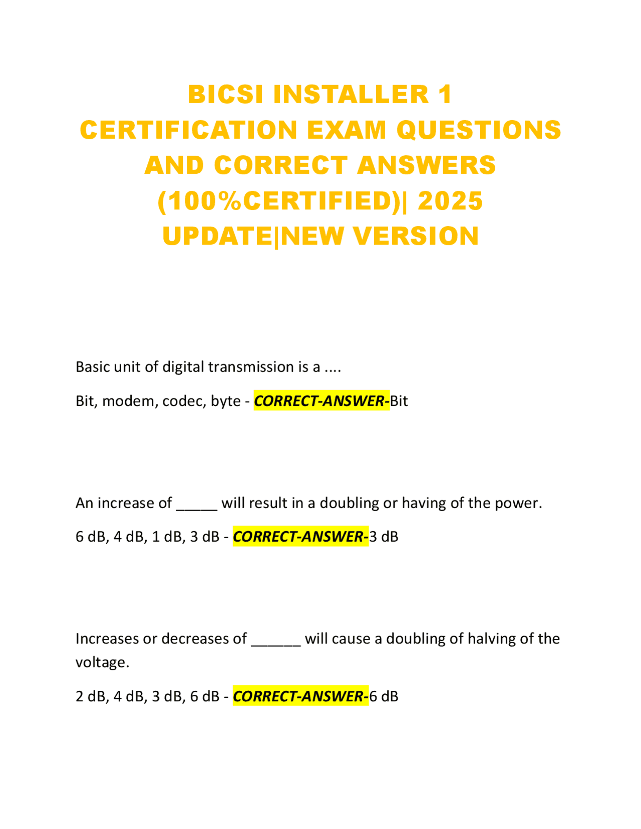 BICSI Installer 1 Certification Exam Questions and Answers | Exams ...