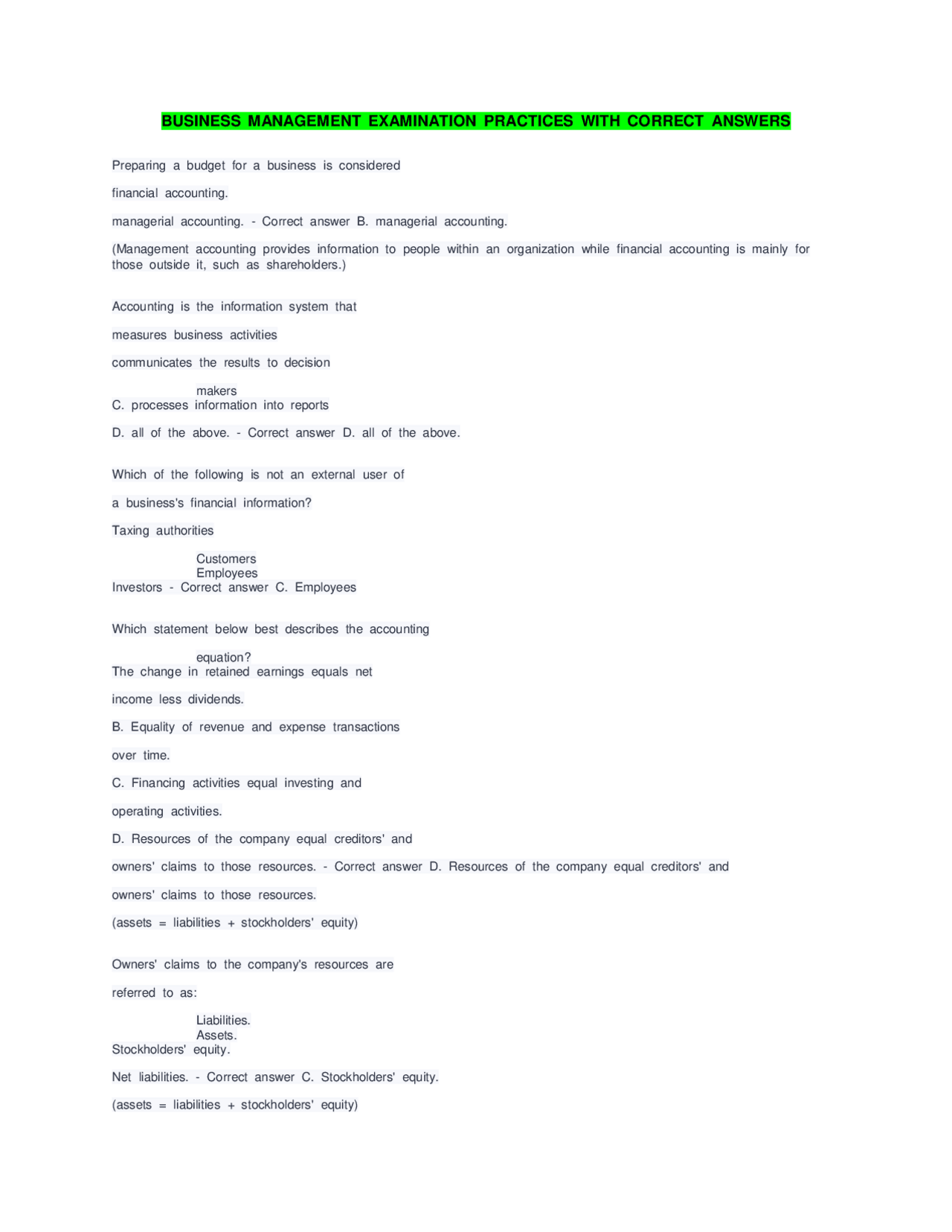BUSINESS MANAGEMENT EXAMINATION PRACTICES WITH CORRECT ANSWERS | Exams ...