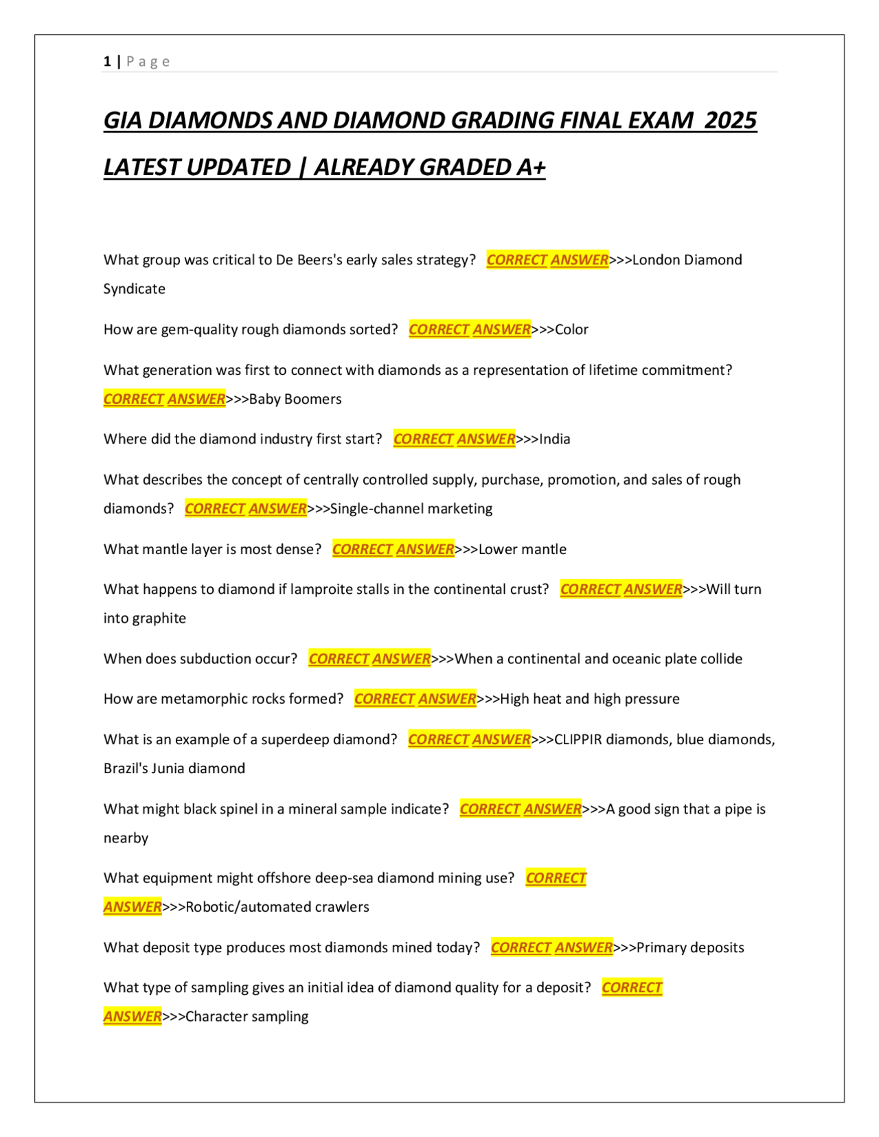 GIA DIAMONDS AND DIAMOND GRADING FINAL EXAM 2025 LATEST UPDATED ...