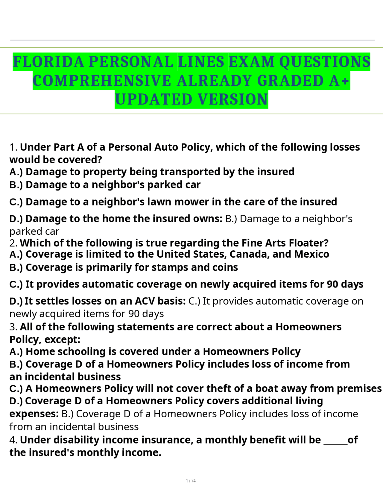 FLORIDA PERSONAL LINES EXAM QUESTIONS COMPREHENSIVE ALREADY GRADED A+ ...
