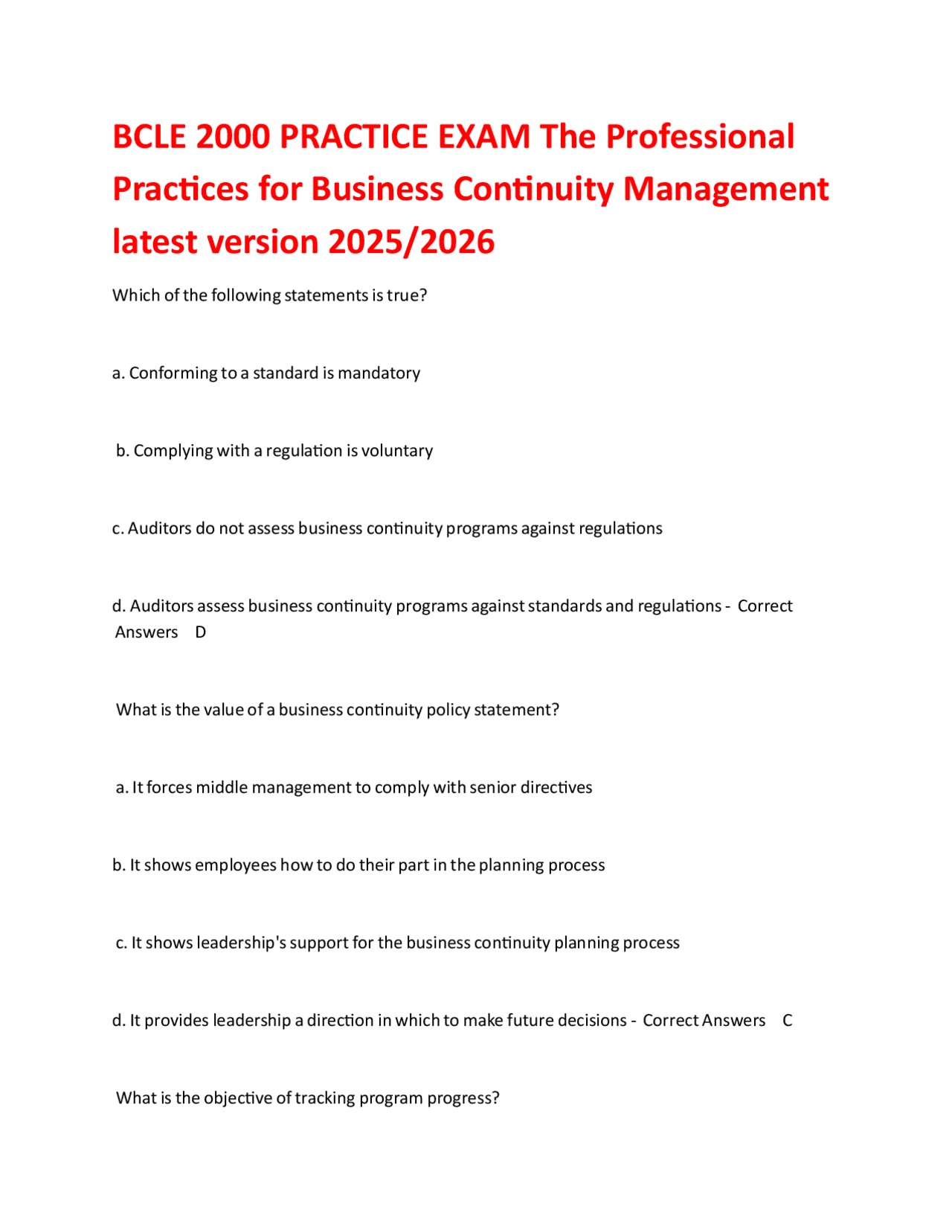 BCLE 2000 Practice Exam: Professional Practices for Business Continuity ...