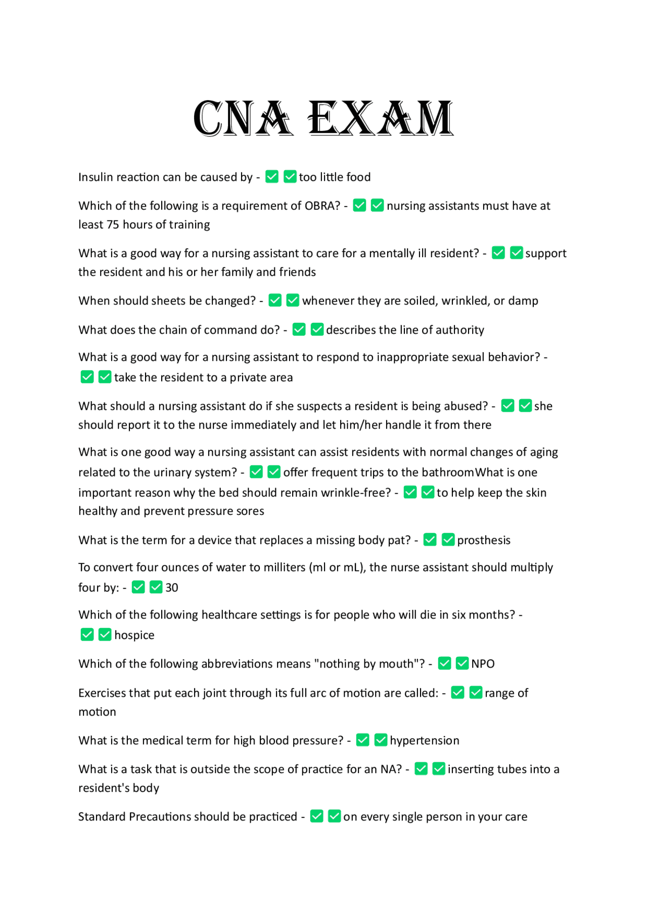 Crack the CNA Code: The Ultimate Practice Exam | Exams Nursing | Docsity