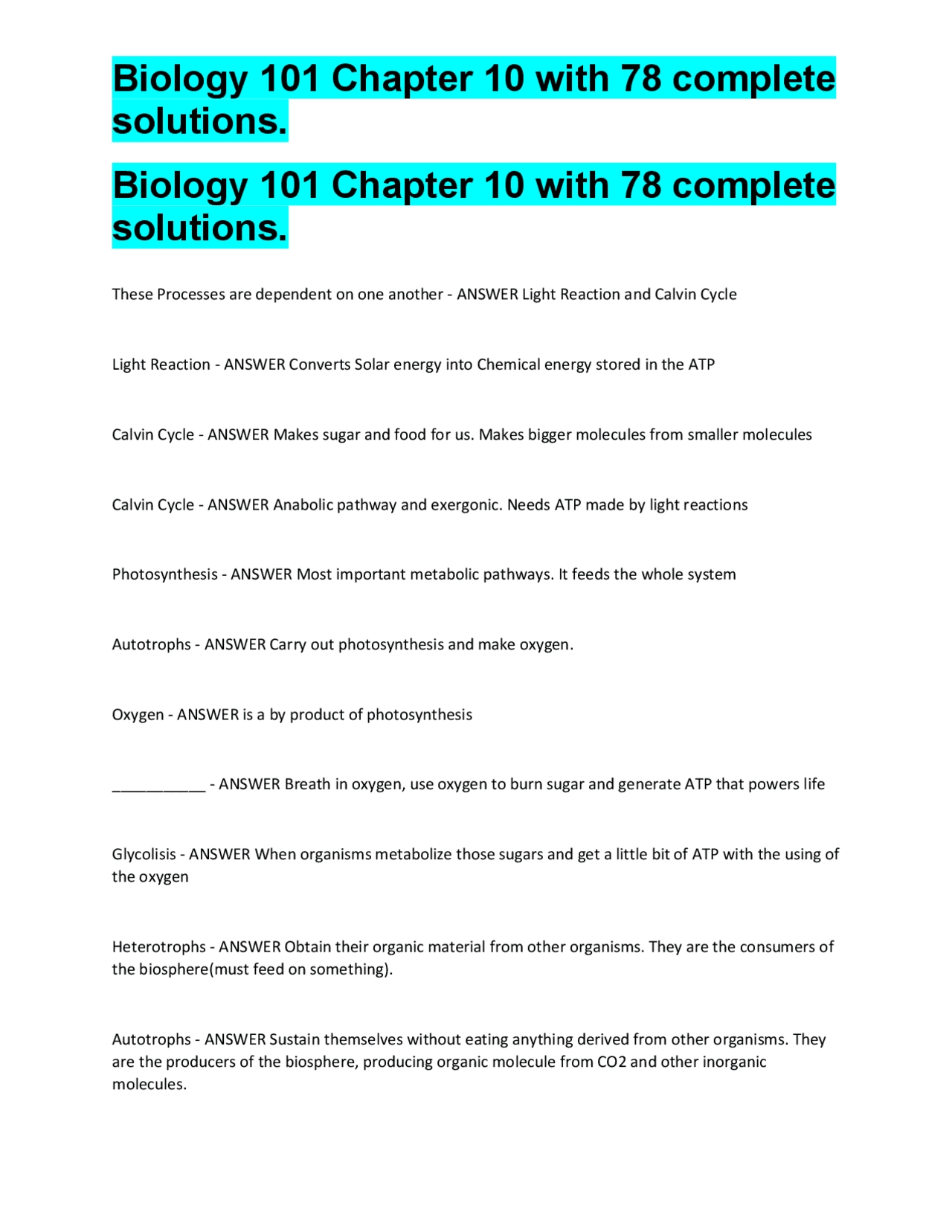 Biology 101 Chapter 10: Photosynthesis and Cellular Respiration ...