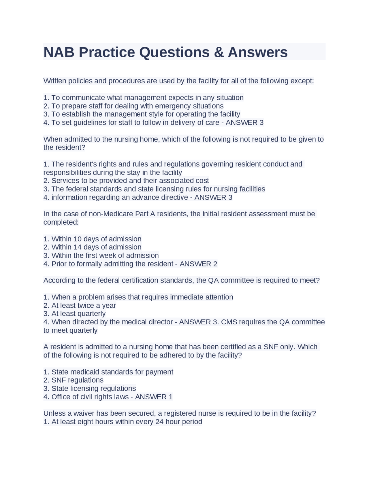 NAB Practice Questions & Answers | Exams Nursing | Docsity