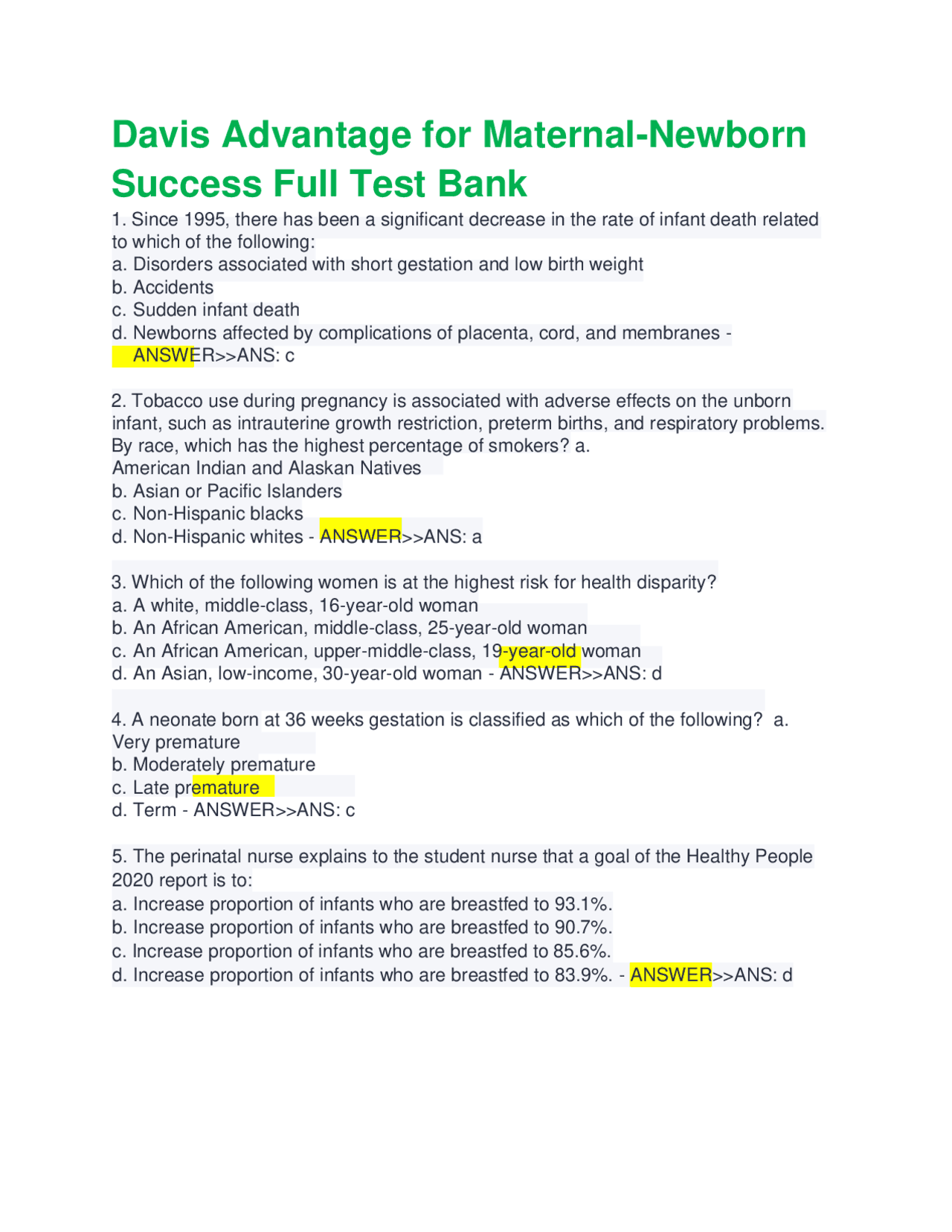 Davis Advantage for Maternal-Newborn Success Full Test Bank 2O25 ...