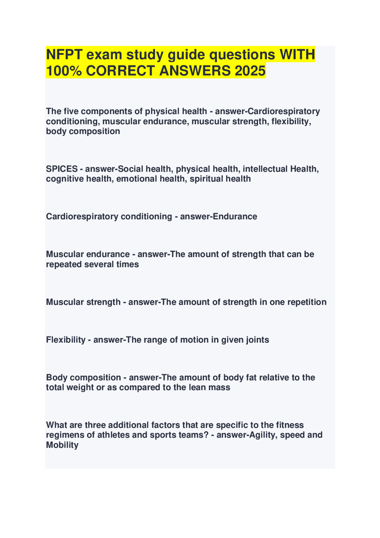 NFPT exam study guide questions WITH 100% CORRECT ANSWERS 2025. | Exams ...