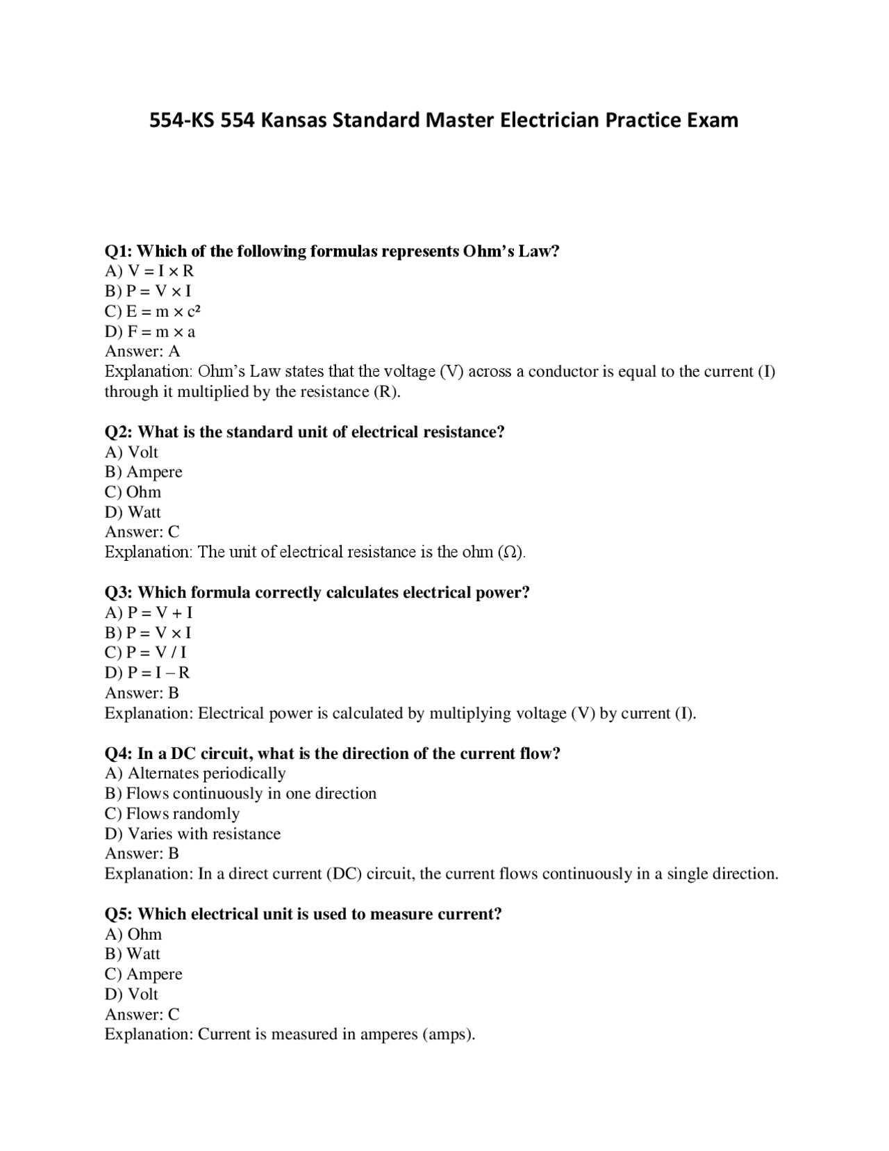 554-KS 554 Kansas Standard Master Electrician Exam | Exams Technology ...
