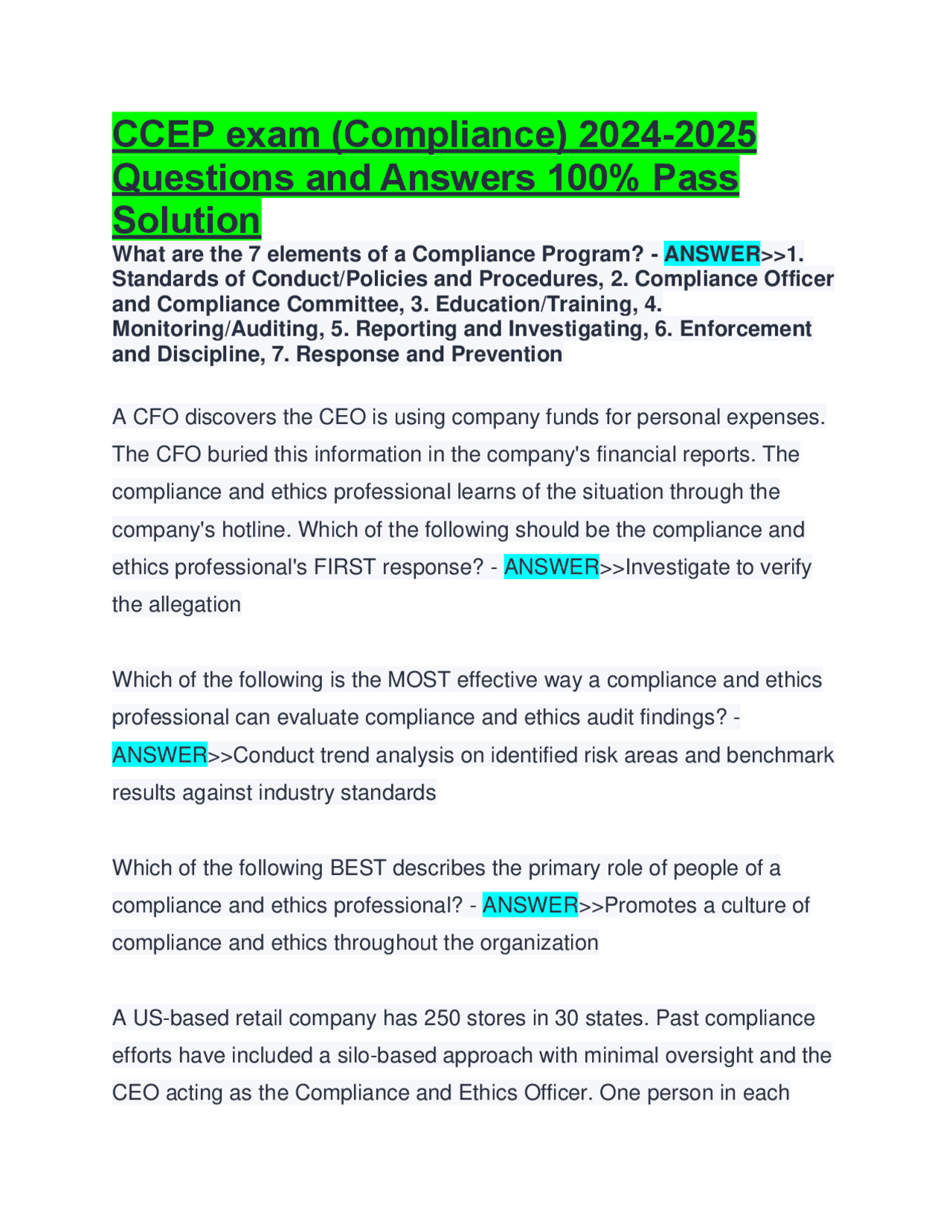 CCEP exam (Compliance) 2024-2025 Questions and Answers 100% Pass Solution | Exams Business ...