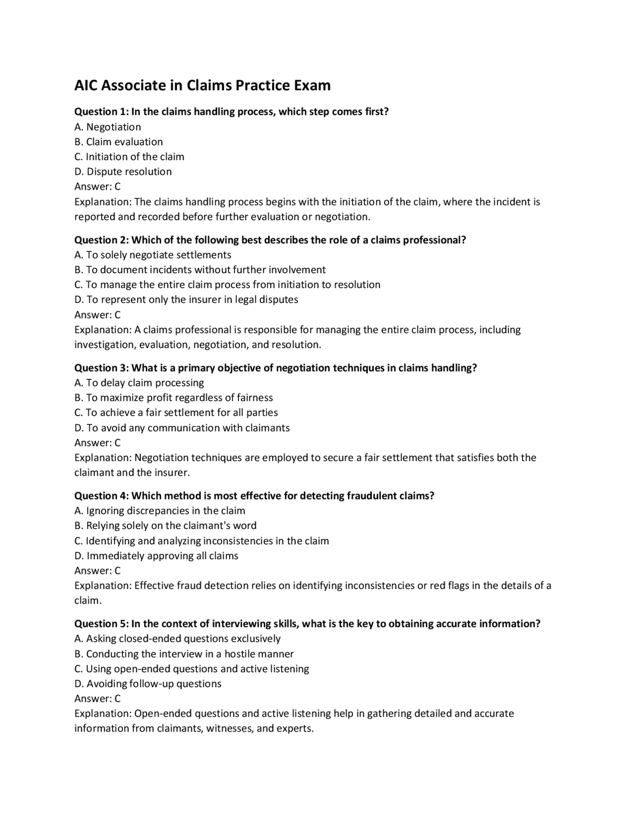 AIC Associate in Claims Exam | Exams Technology | Docsity