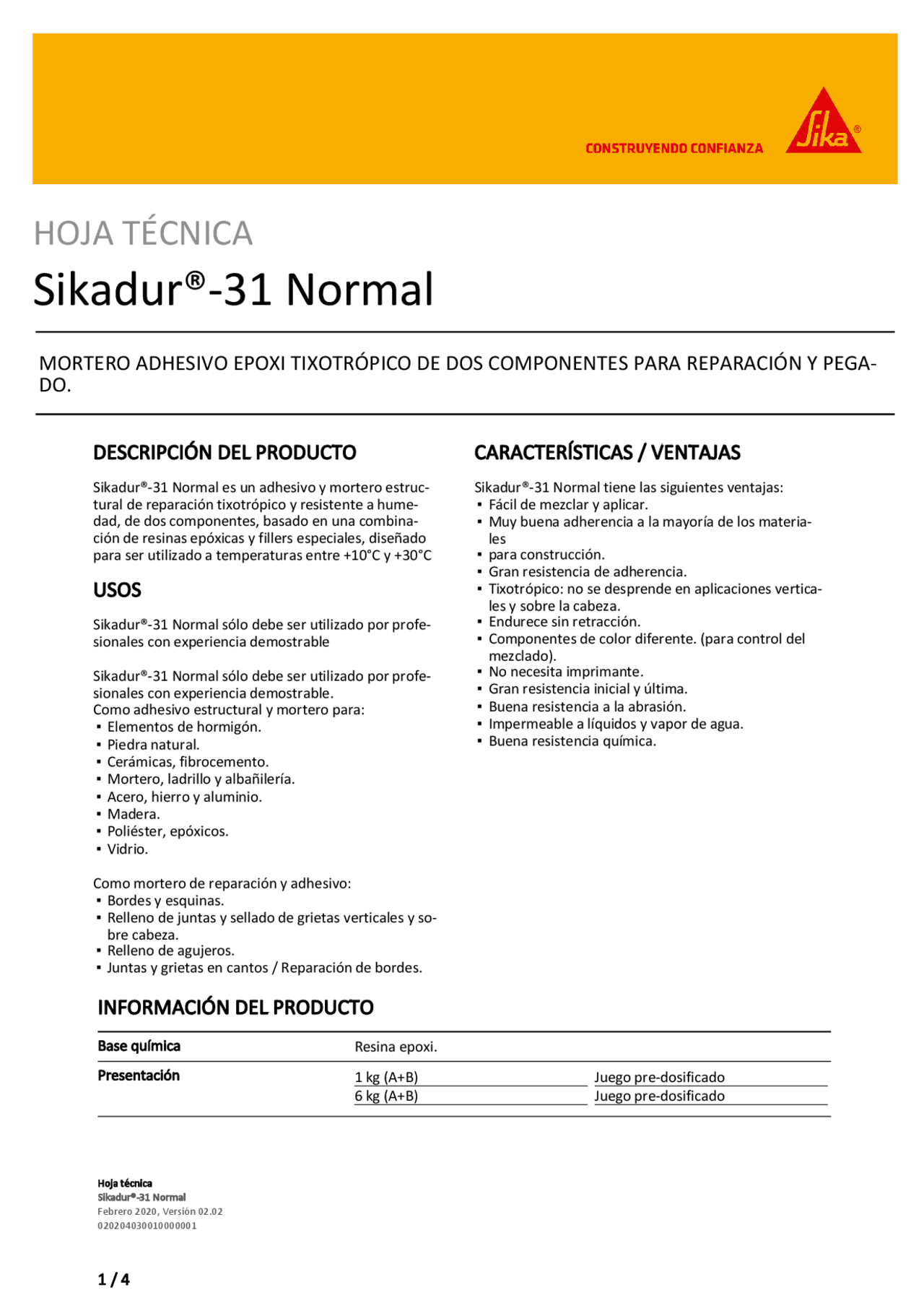 sika-31 ficha tecnica | Schemes and Mind Maps Technology | Docsity