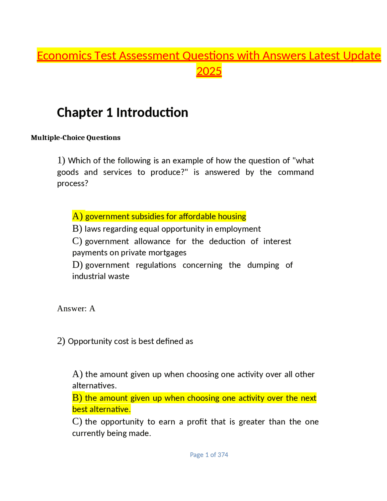 Economics Test Assessment Questions with Answers Latest Update 2025 ...