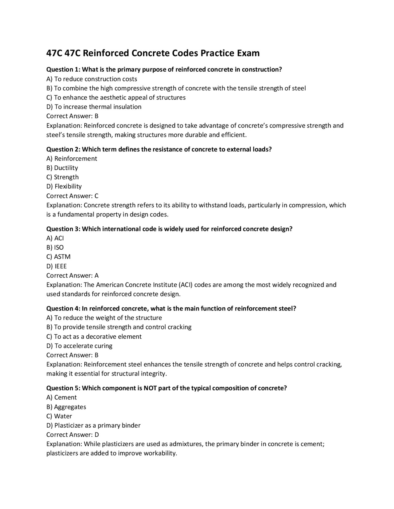 47C 47C Reinforced Concrete Codes Exam | Exams Technology | Docsity