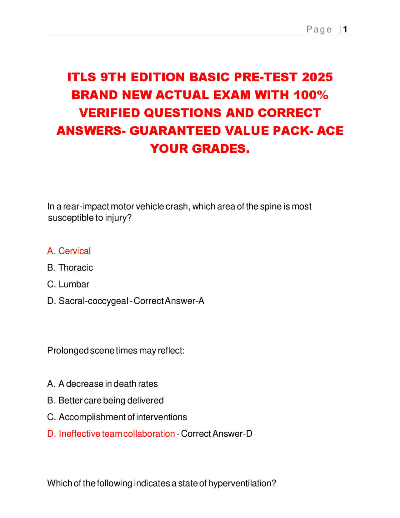 ITLS 9th Edition Basic Pre-Test 2025: Practice Questions and Answers ...