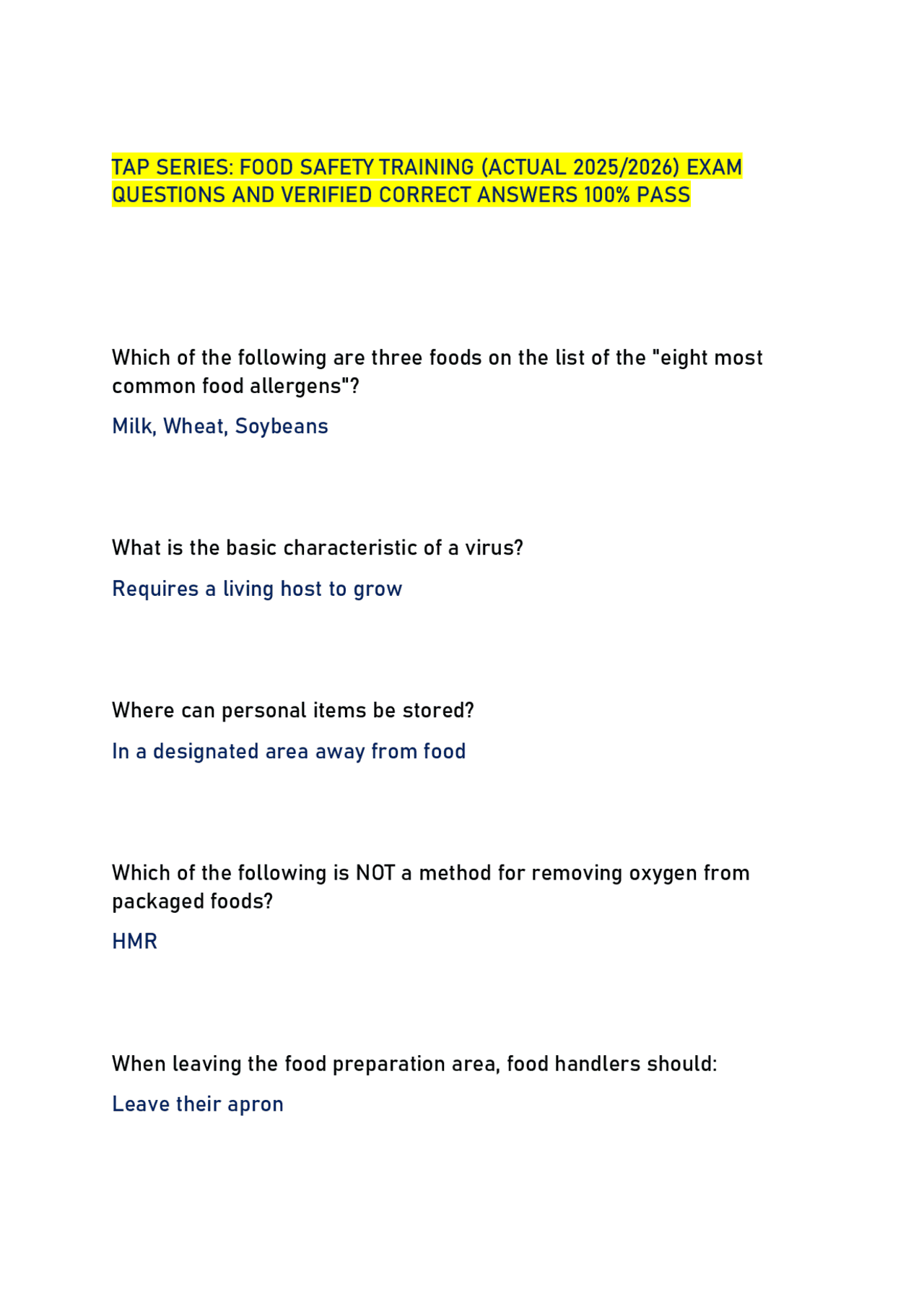 TAP SERIES: FOOD SAFETY TRAINING (ACTUAL 2025/2026) EXAM QUESTIONS AND ...
