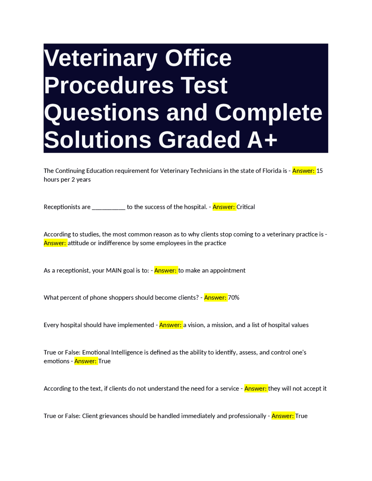 Veterinary Office Procedures Test Questions and Complete Solutions ...