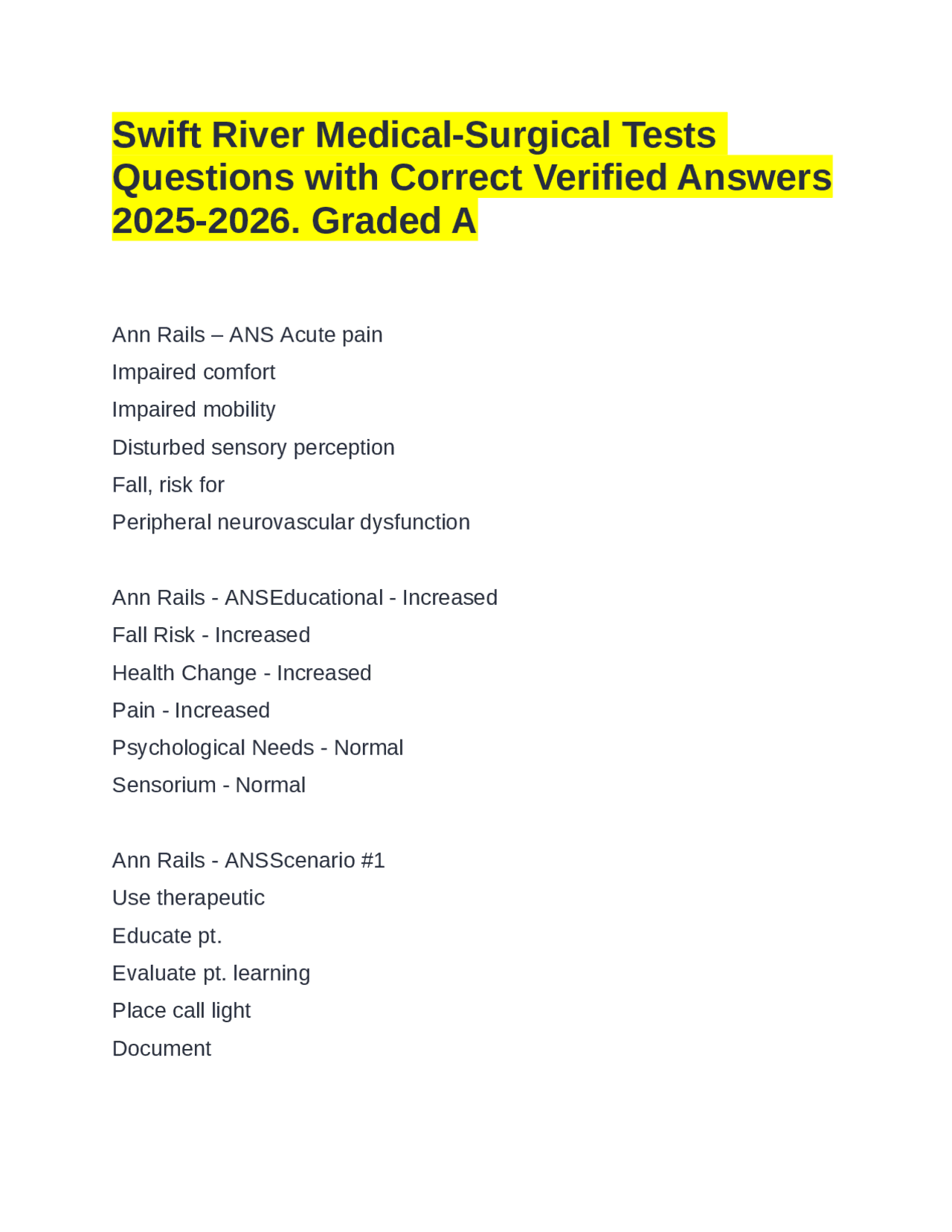 Swift River Medical-Surgical Tests Questions & Correct Verified Answers ...
