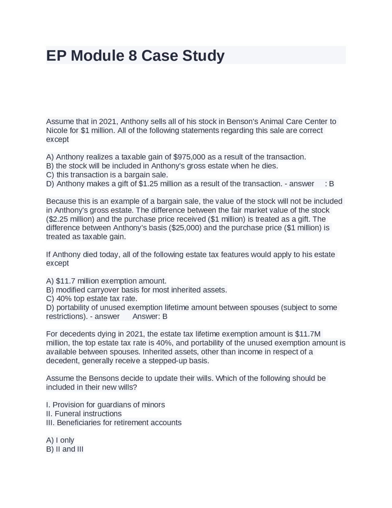 EP Module 8 Case Study Questions with Correct Answers | Exams Advanced Education | Docsity